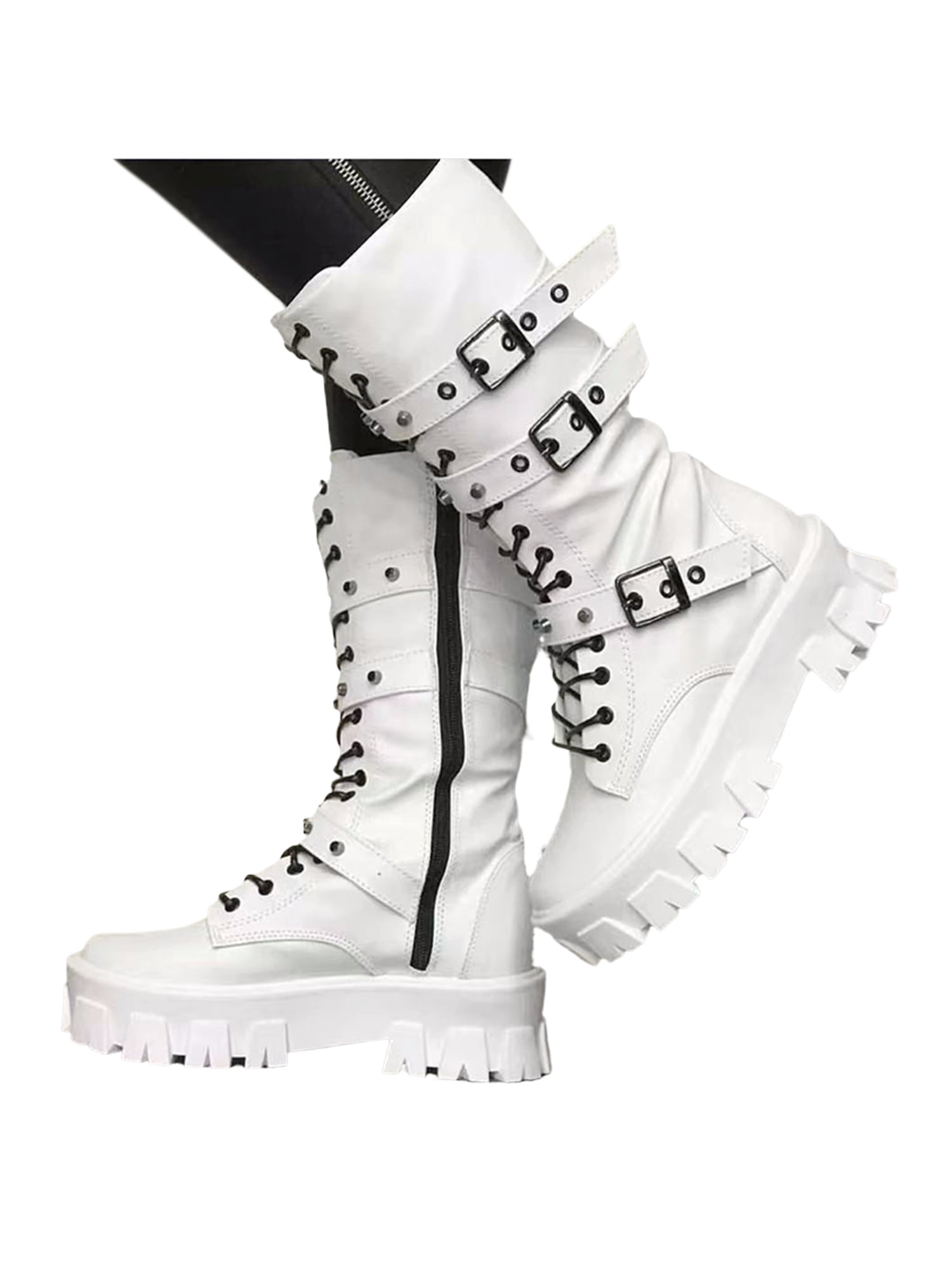 SIMANLAN Womens Fashion Mid Calf Boot Buckle Military Combat Boots ...