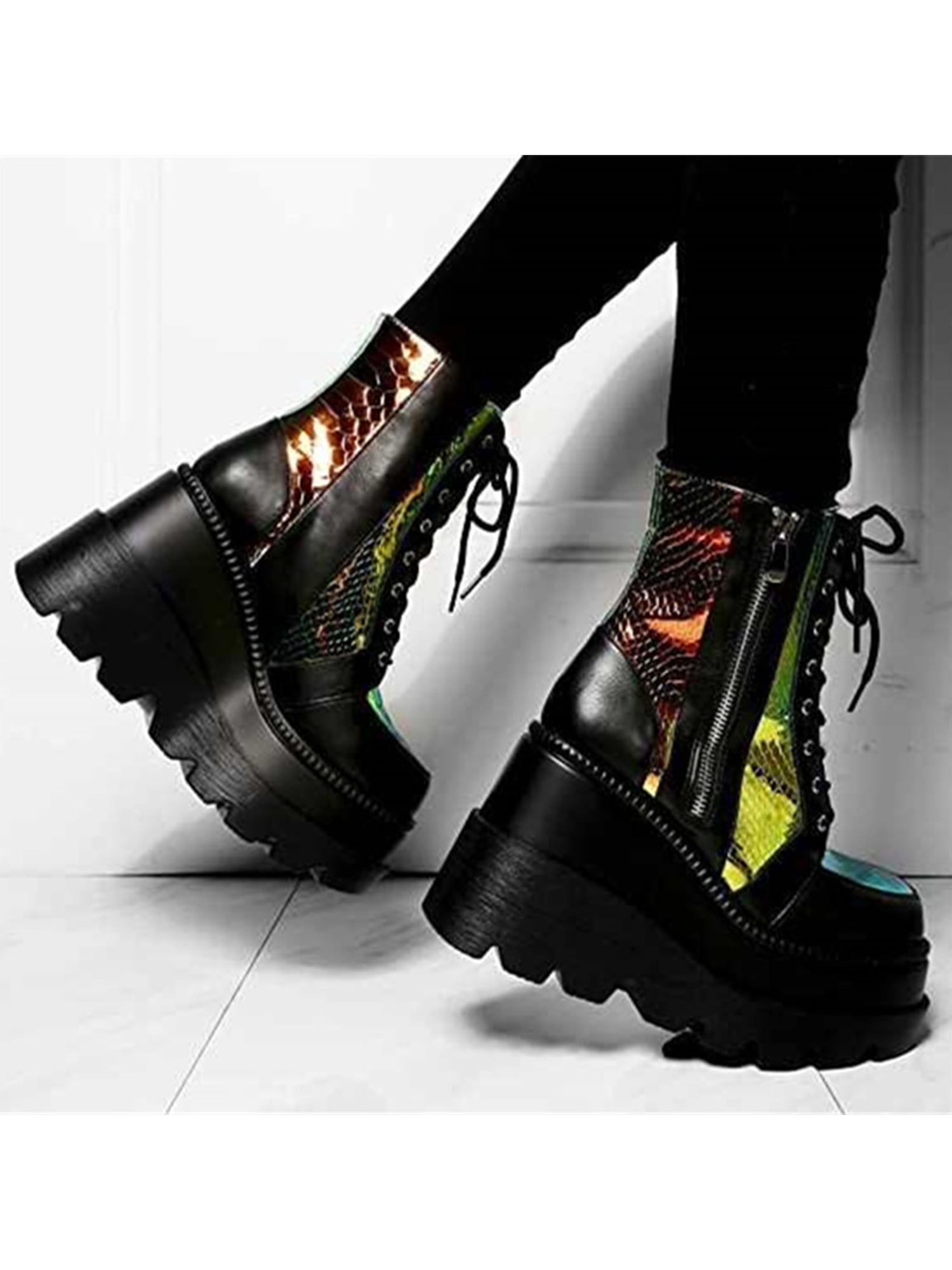 SIMANLAN Womens Goth Punk Ankle Boots Ladies Lace Up Chunky Heel ...