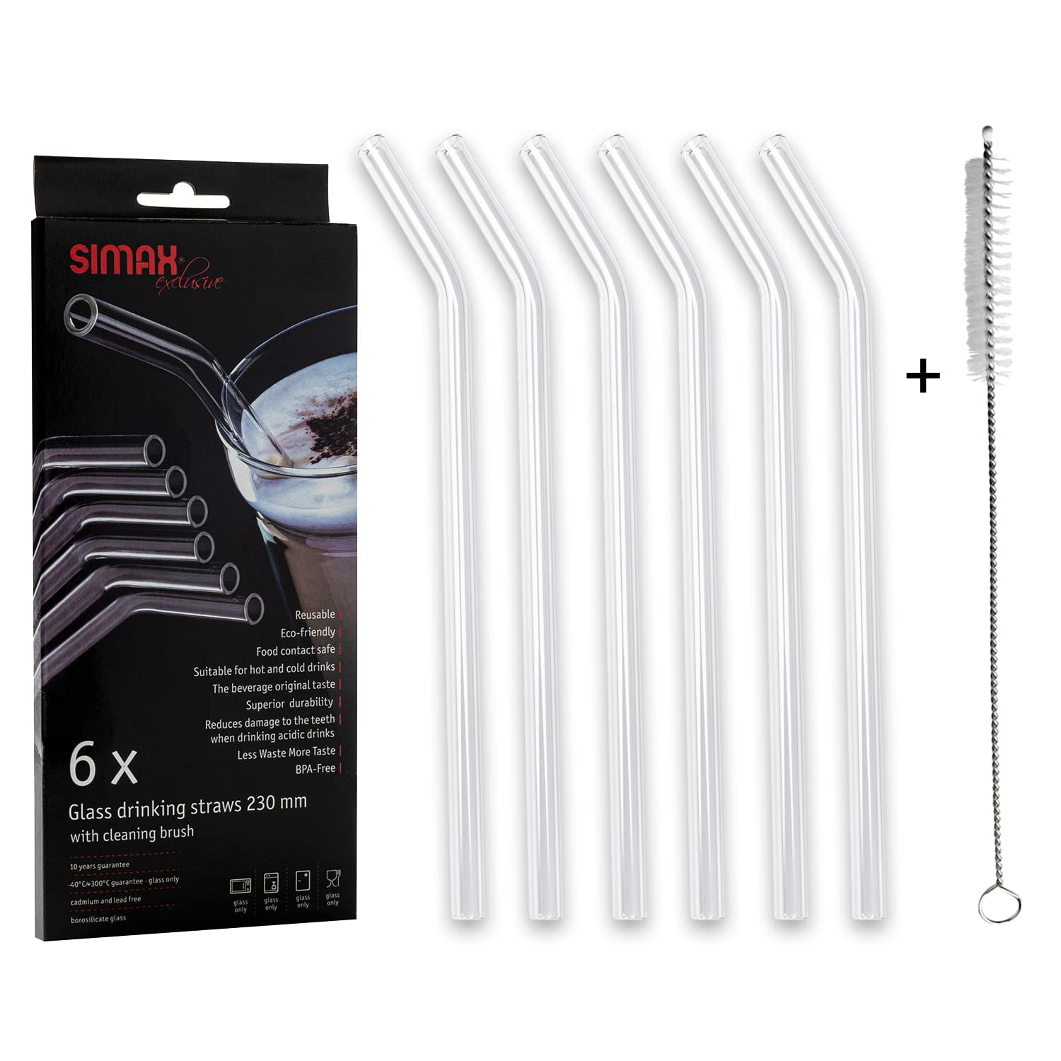 SIMAX Clear Glass Curved Drinking Straws | Set of 6 - 9 inch Reusable ...