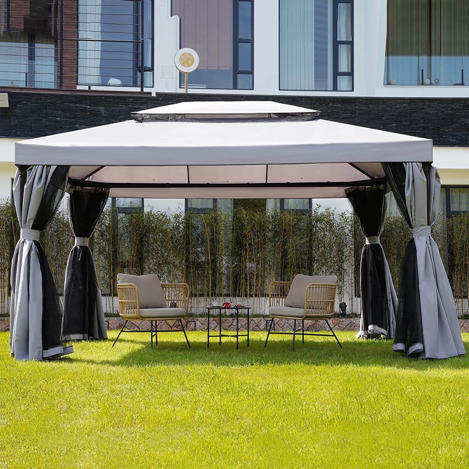 SIMENMAX 10x13FT Metal Gazebo with Curtains and Netting, Patio Canopy for Deck, Backyard, Gray ...