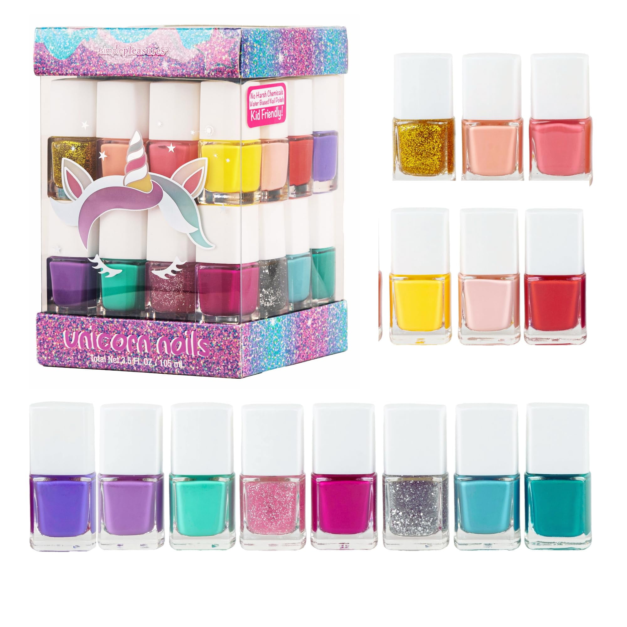 SIMPLE PLEASURES 17-Piece Water-Based Nail Activity Set for Girls - 14 Non-Toxic Nail Polish ...