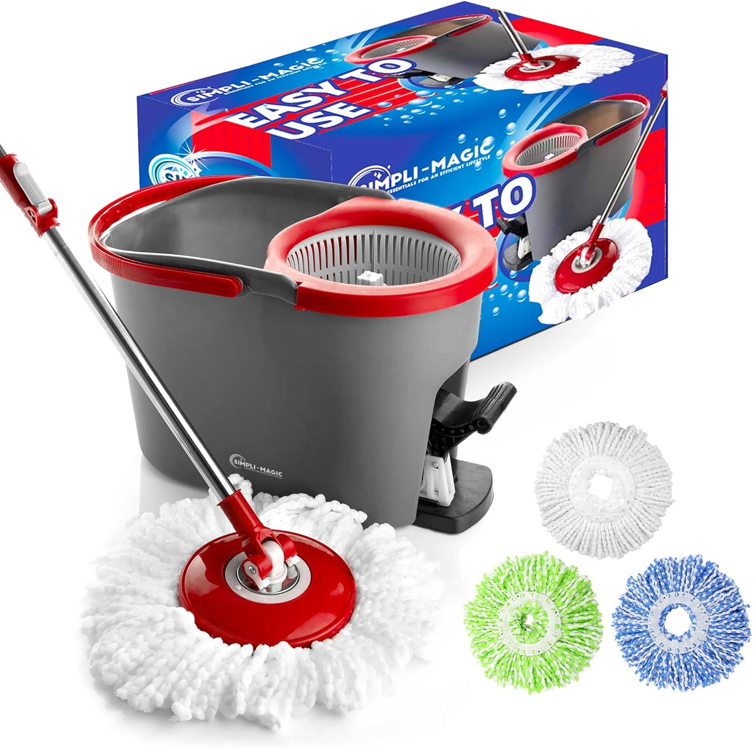 SIMPLI-MAGIC 79349 Spin Mop Cleaning System with 3 Microfiber Mop Heads, Red/GRAY,Red/Black ...