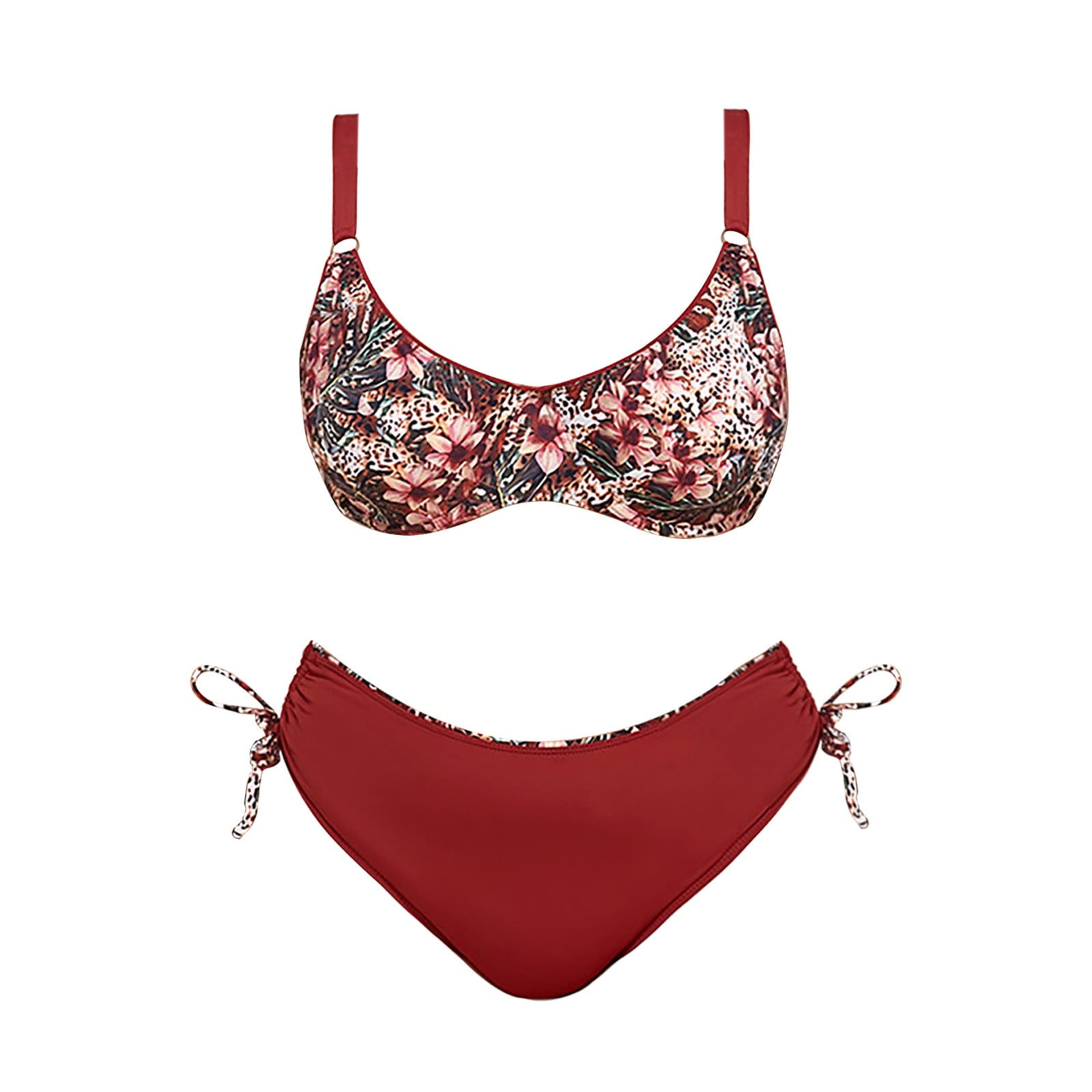 Simu Women 2 Piece Swimwear Floral Prints Bikini V Neck Sleeveless Briefs Bathing Suits Vintage