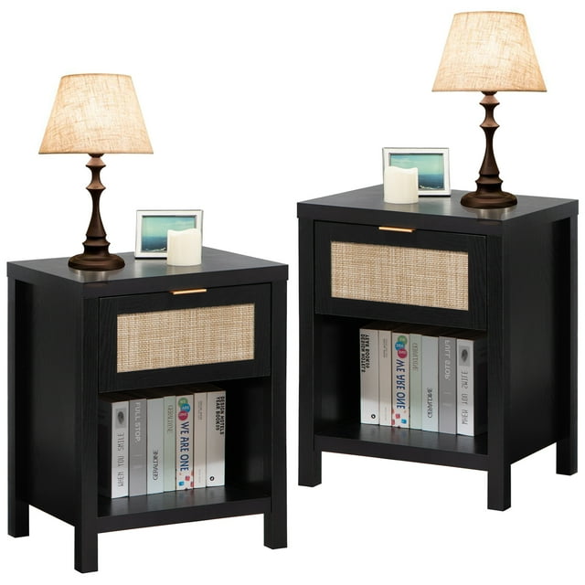 SINCEREFLY Rattan Nightstand Set of 2 with Drawer Boho Bedside Table ...