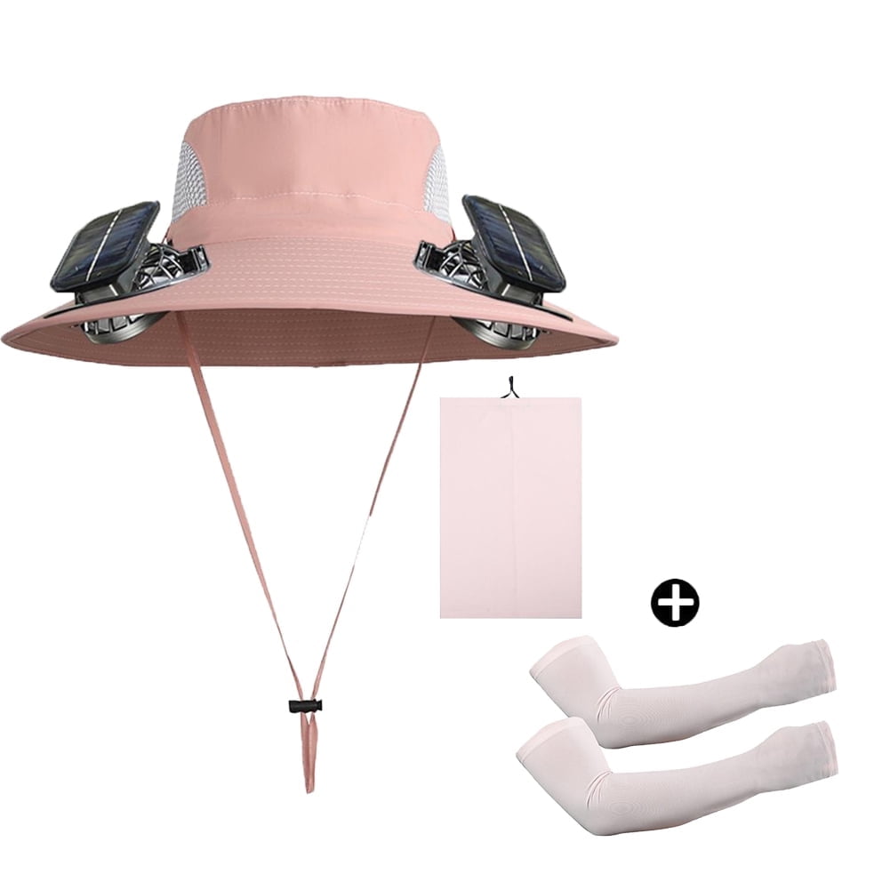 SUKVPSI Sun Hat Set with Cooling Fan and UV Arm Sleeve, UV Protection ...