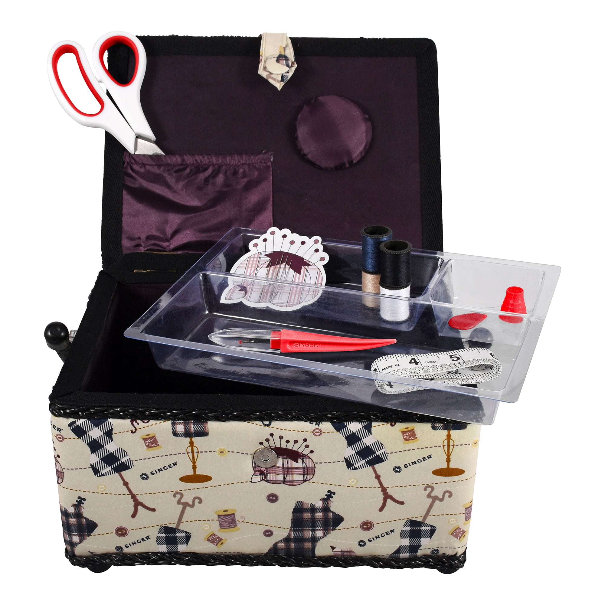 SINGER Large Sewing Basket in Plaid Dressform Print, 15pc Set Includes ...