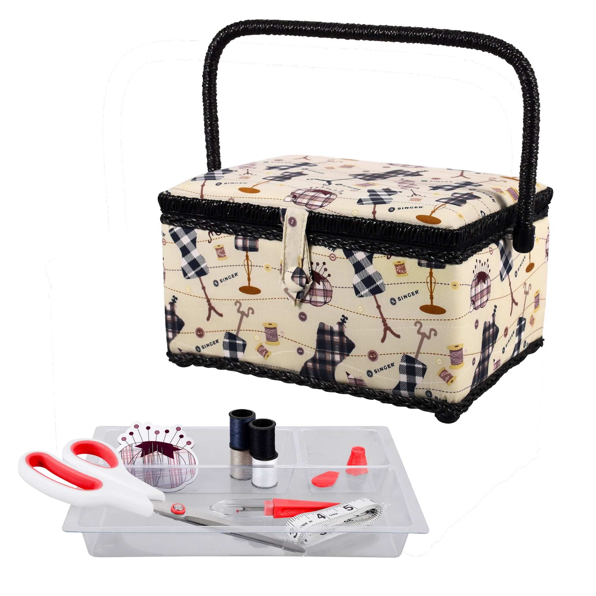 SINGER Large Sewing Basket, Plaid Dressform, 15pc, Includes Essential ...