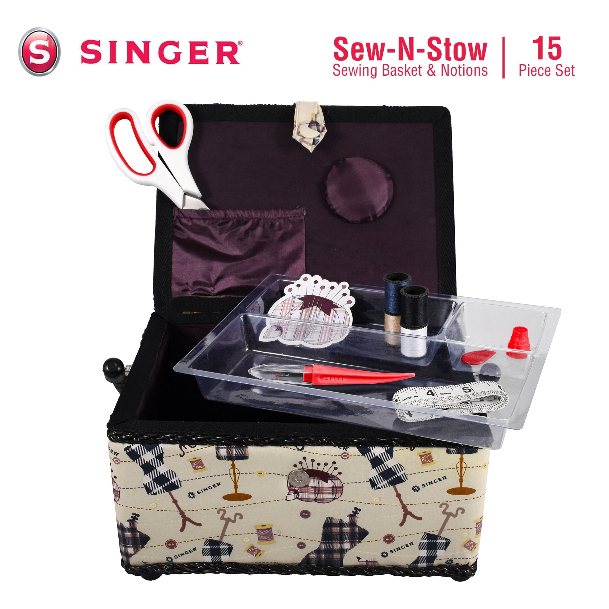 SINGER Large Sewing Basket in Plaid Dressform Print, 15pc Set Includes ...