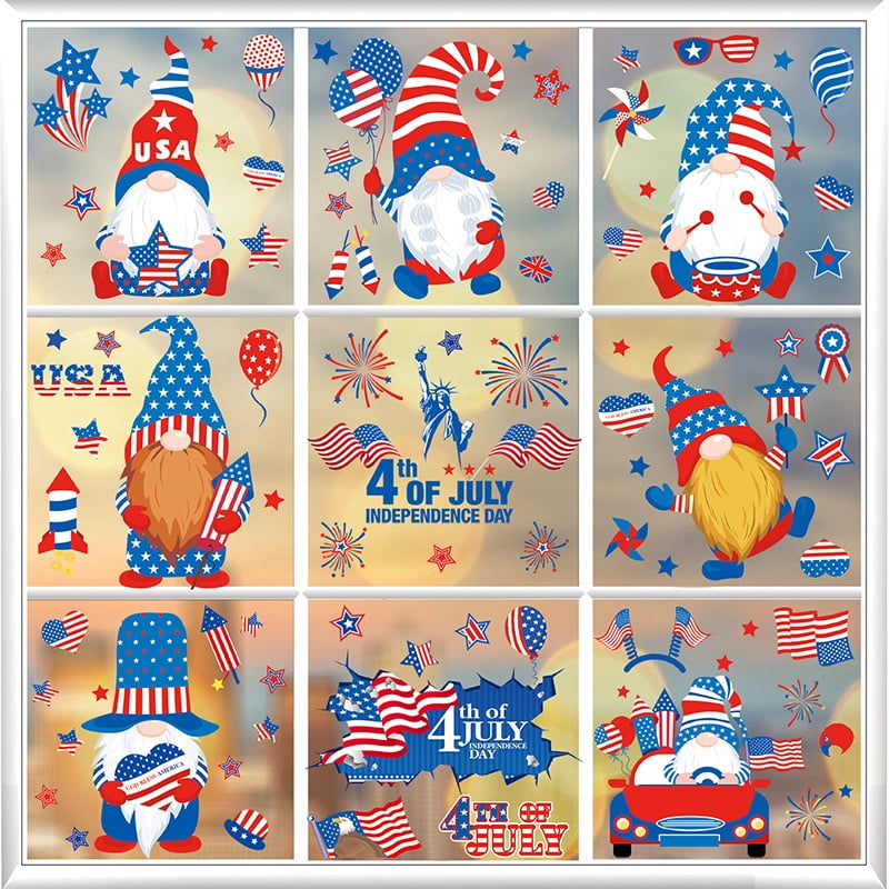 SINKOO 87Pcs Patriotic Window Clings, 4th of July Gnome, American Flag ...