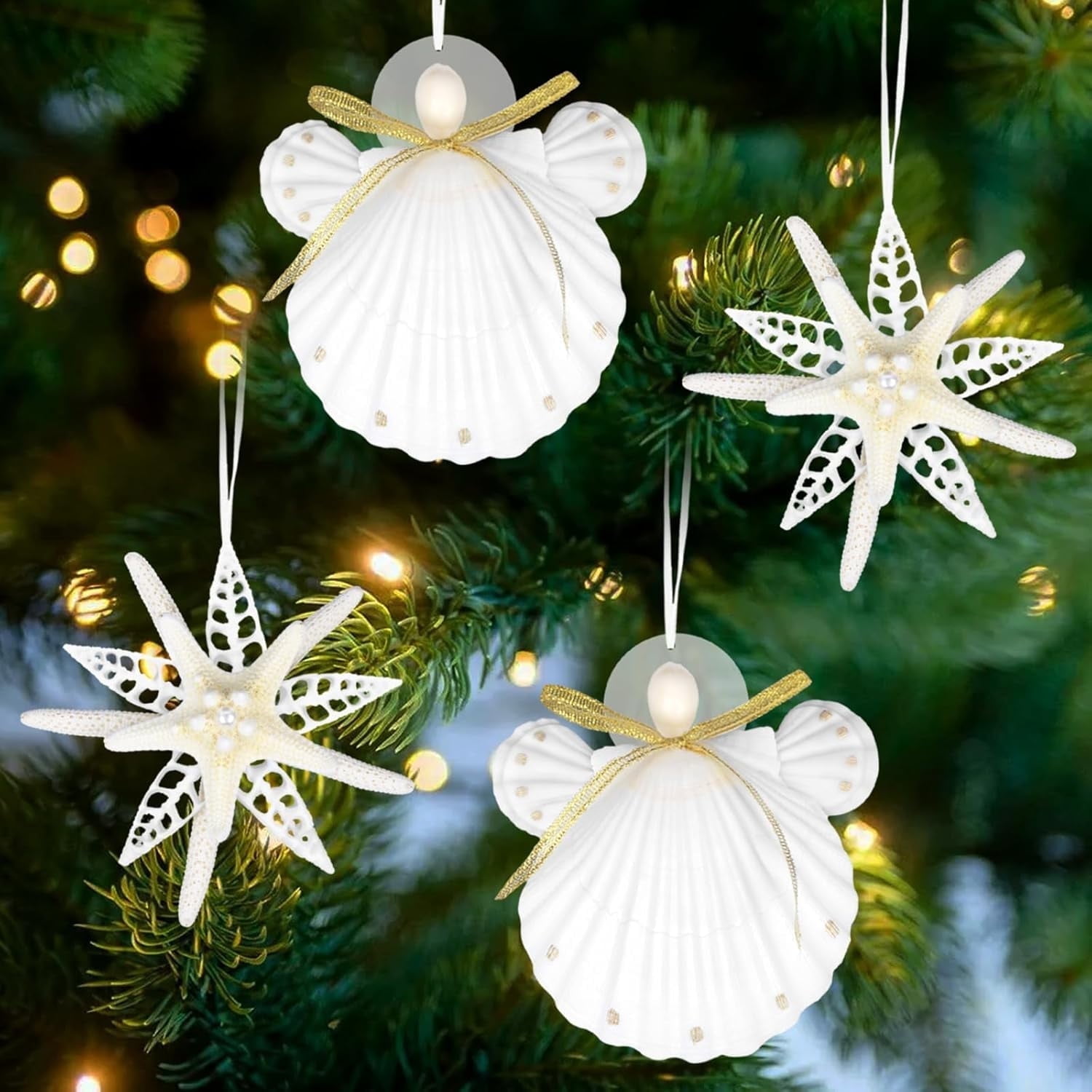 Sinkoo Sea Shell Ornaments, 4pcs Handmade Natural Scallop Starfish ...