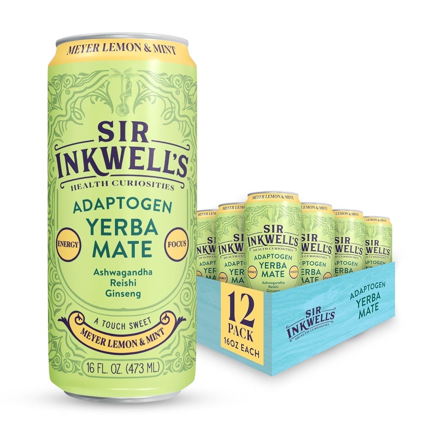 Sir Inkwell's Adaptogen Yerba Mate Tea, Meyer Lemon & Mint Flavor, 16 ...