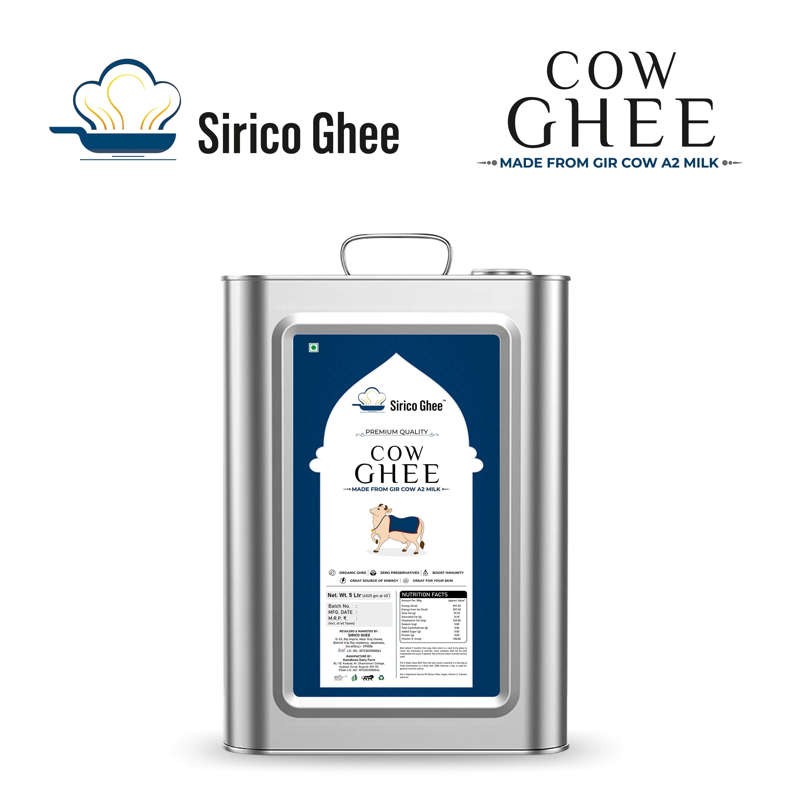 Sirico A2 Gir Cow Ghee 5 Liter (Tin Pack) , Churned from Gir Cow A2 ...
