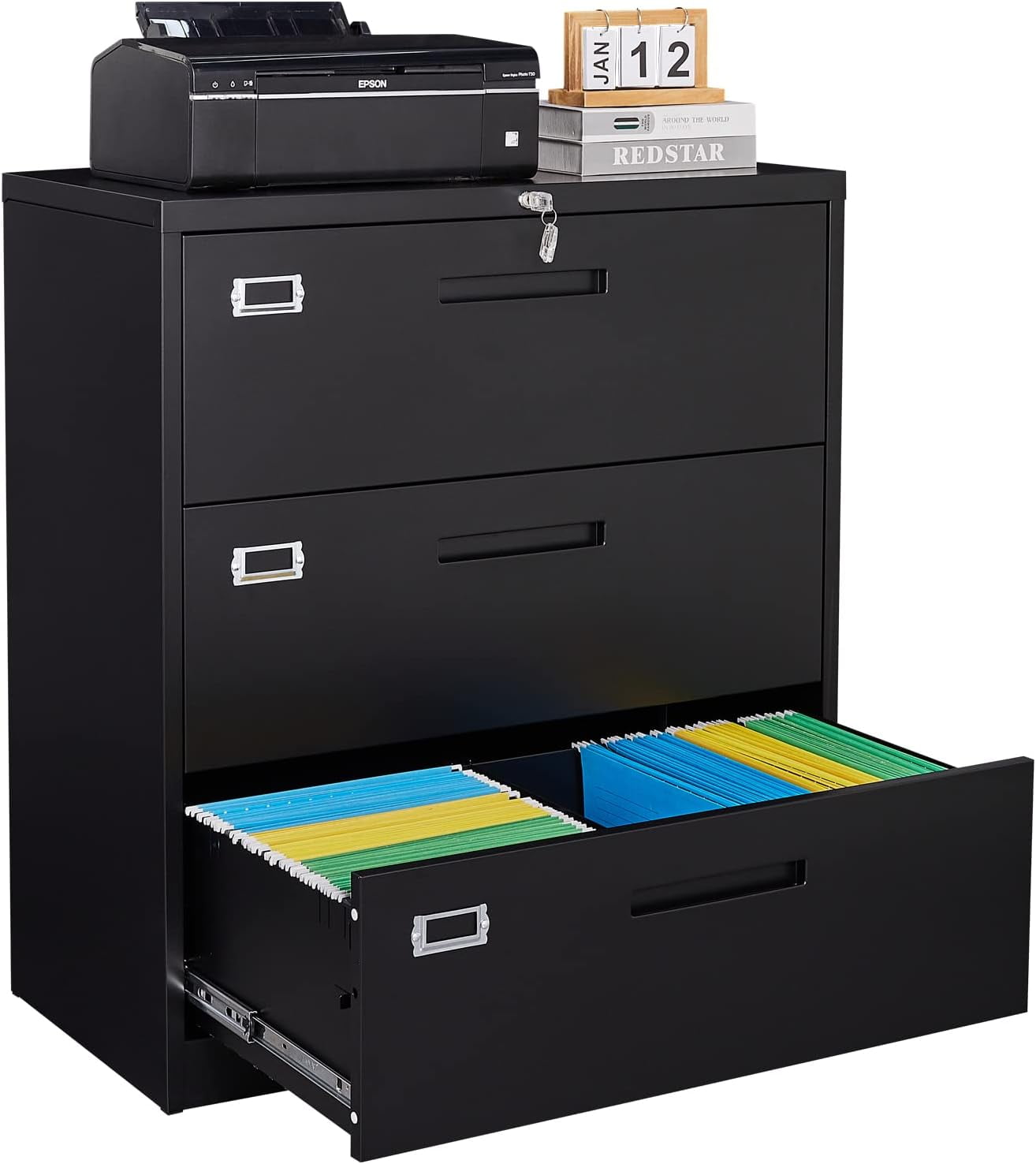 SISESOL 3 Drawer Lateral File Cabinet with Lock,Black Lateral Filing ...