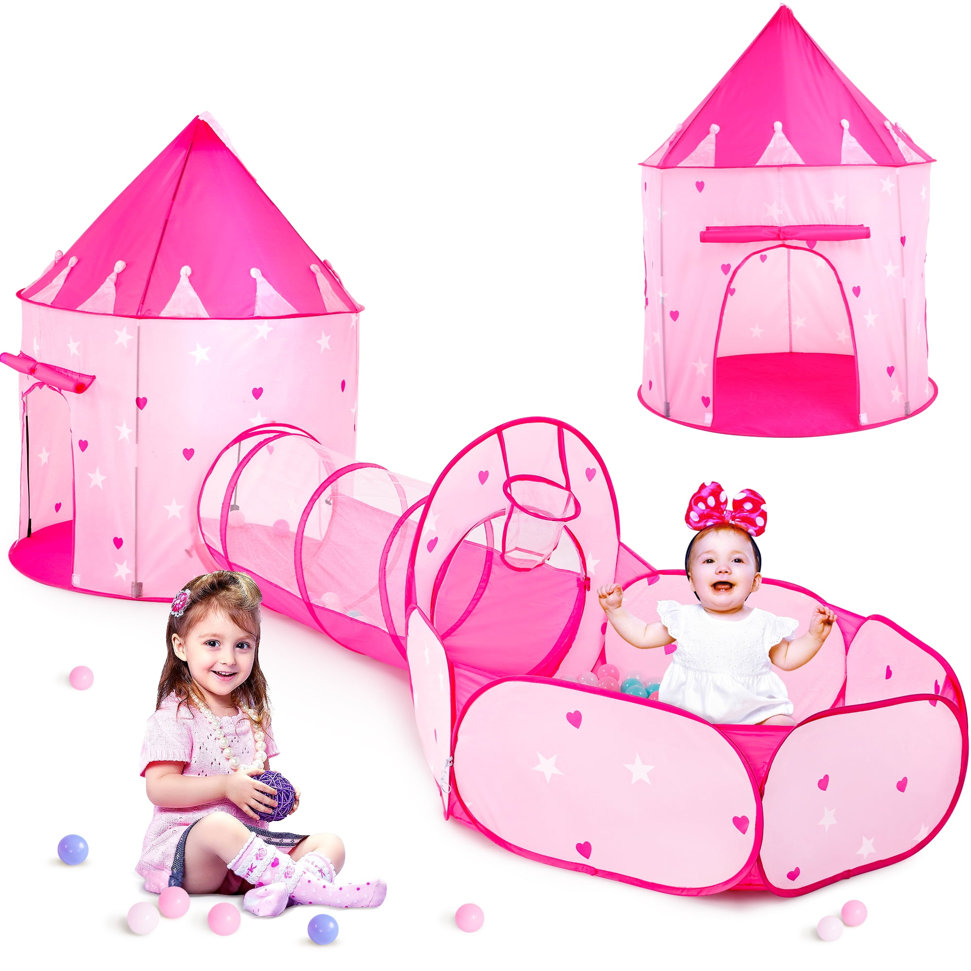 SISTICKER 3pk Princess Tent Toys with Tunnel & Ball Pit Indoor Outdoor ...