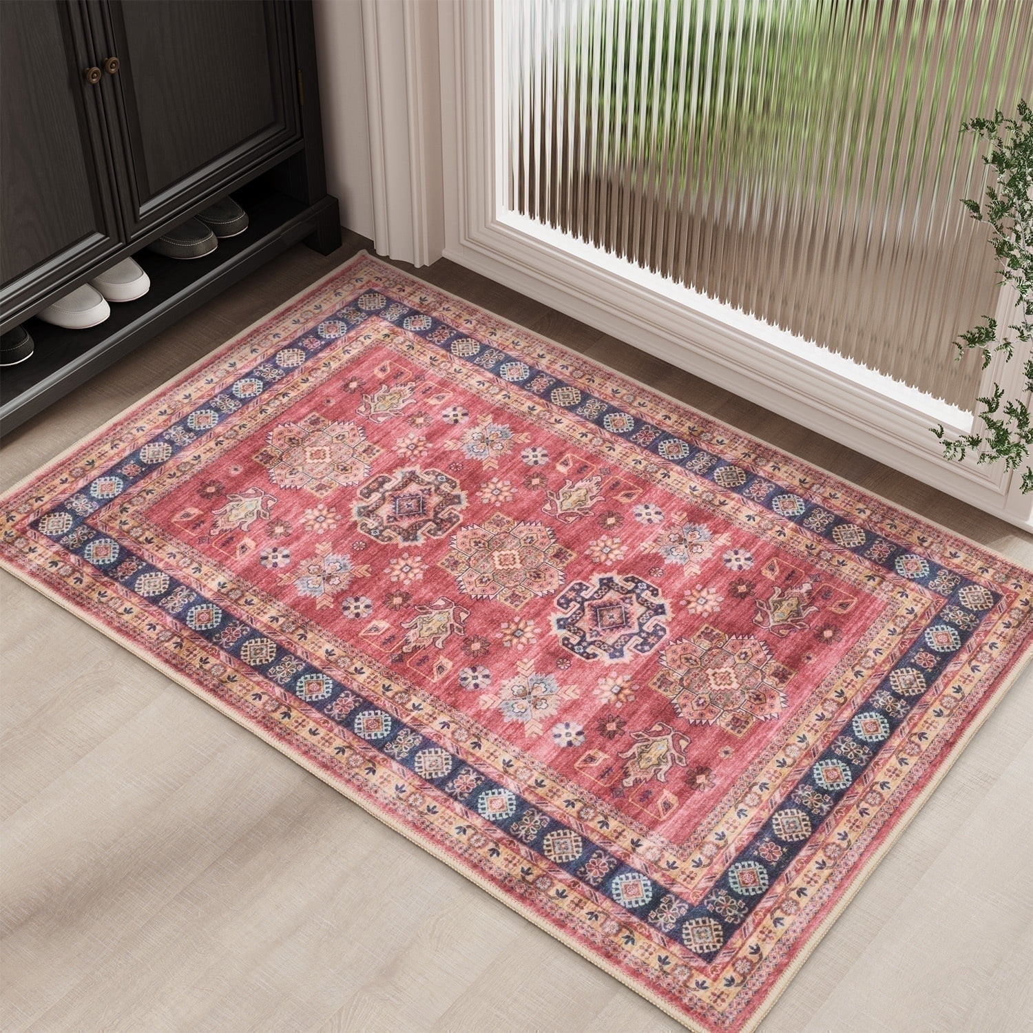 SIXHOME 2'x3' Washable Vintage Floral Area Rug, Red Entryway Door Mat ...