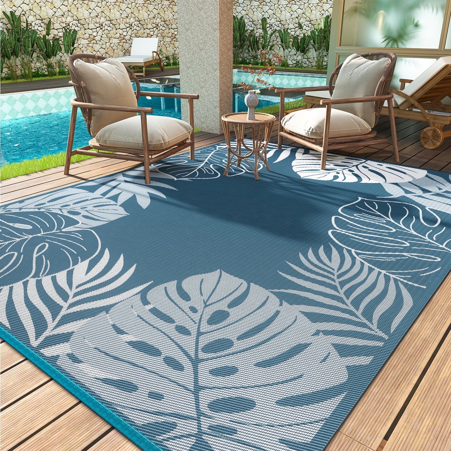 SIXHOME 5x8 Feet Waterproof Outdoor Rug, Reversible Blue Plastic Patio ...