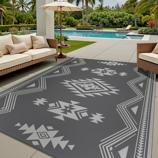 SIXHOME 6x9 Feet Waterproof Outdoor Rug - Reversible Gray Plastic Patio ...