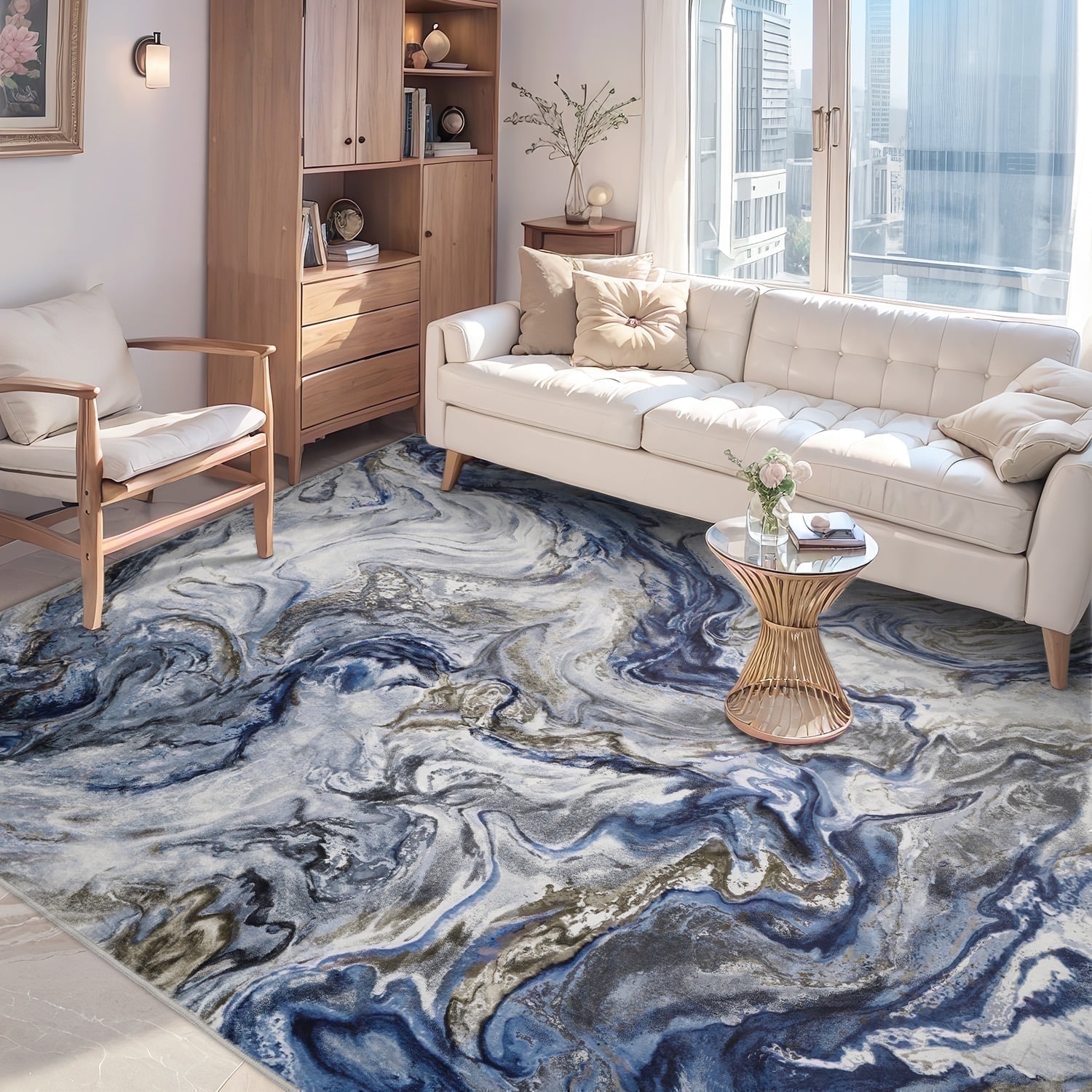 SIXHOME 8'x10' Blue Marble Abstract Area Rug, Ultra Soft, Washable ...