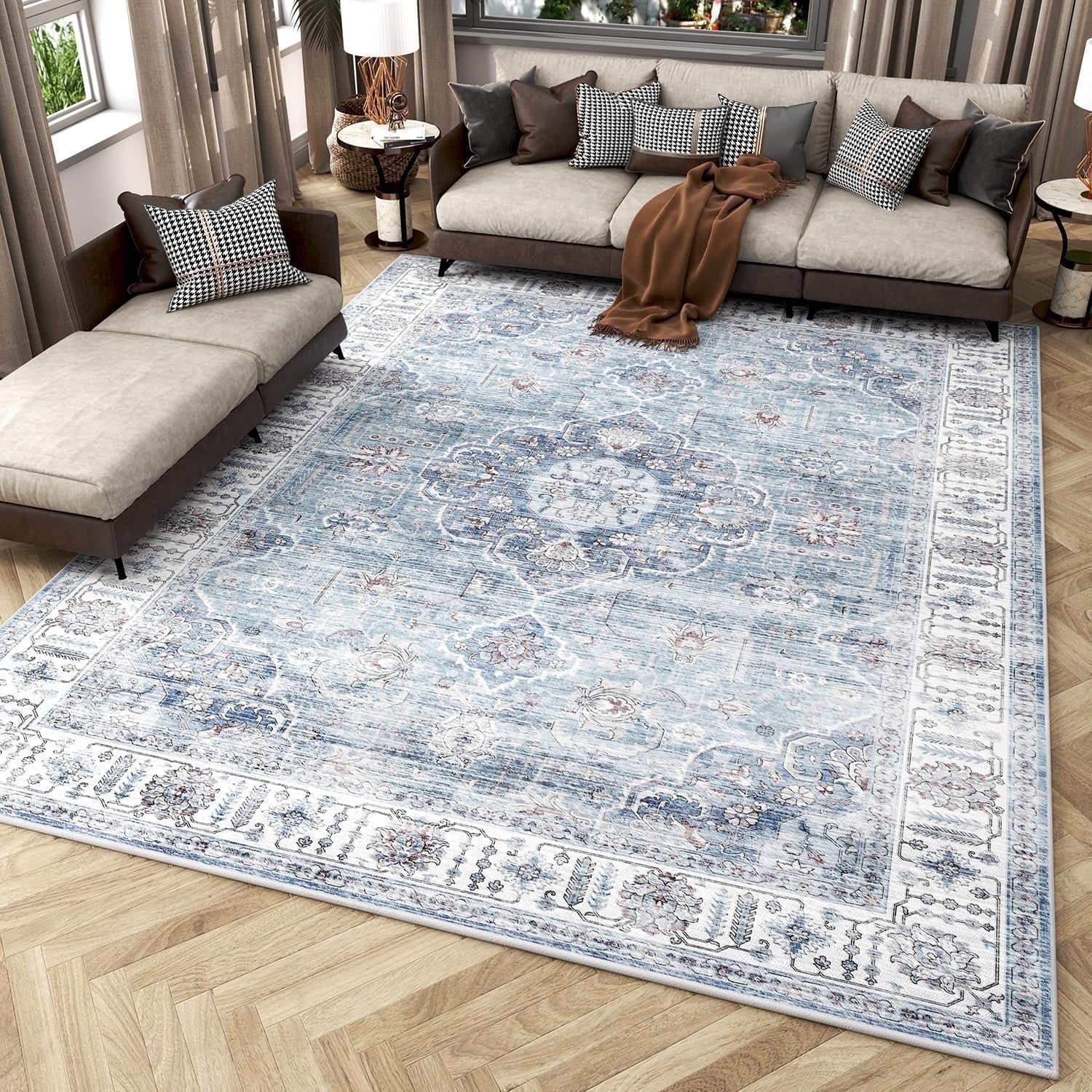 SIXHOME 9'x12' Washable Vintage Floral Medallion Rug, Non Slip, Thin ...