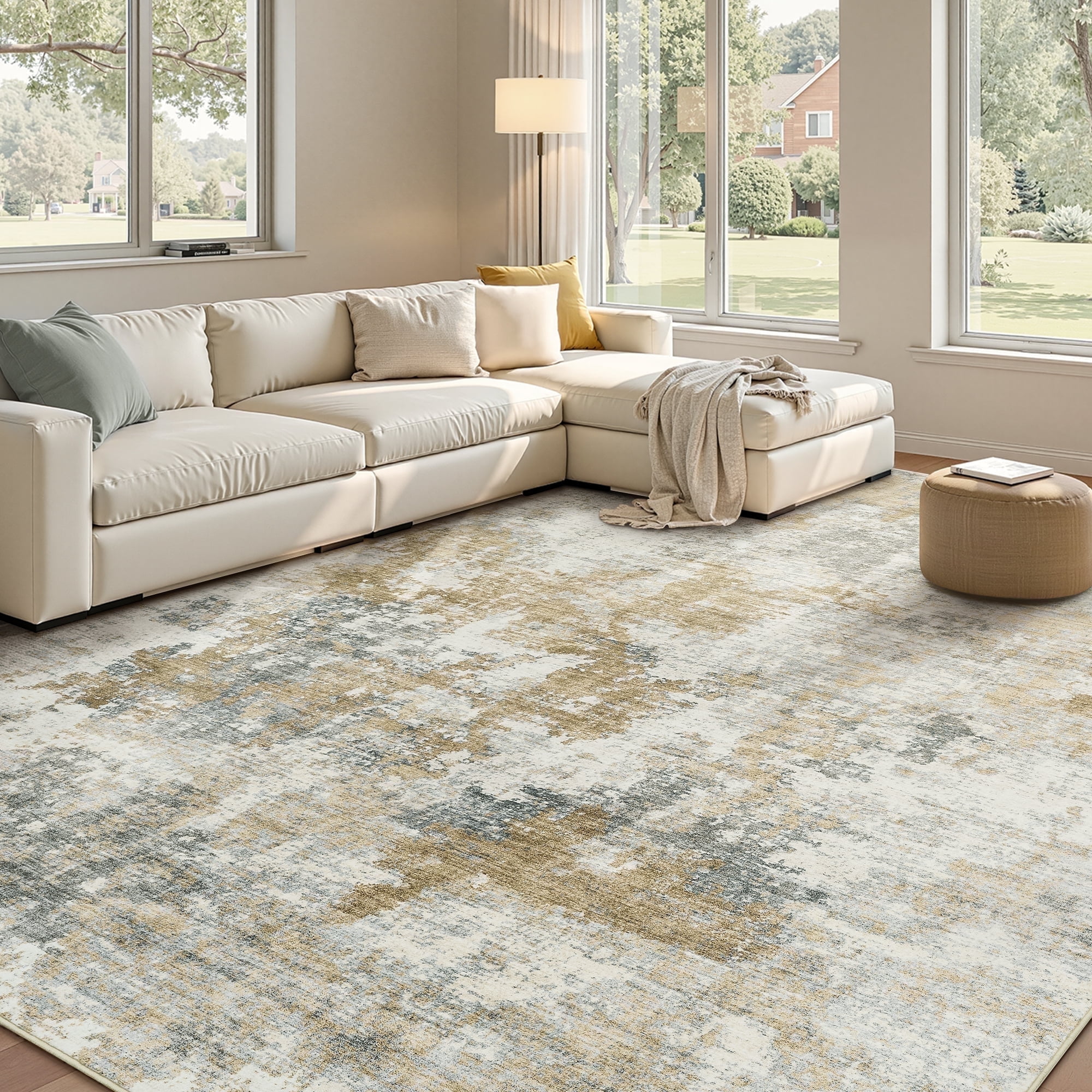 SIXHOME 9'x12' Washable Non-Slip Area Rug, Modern Abstract Light Tan ...