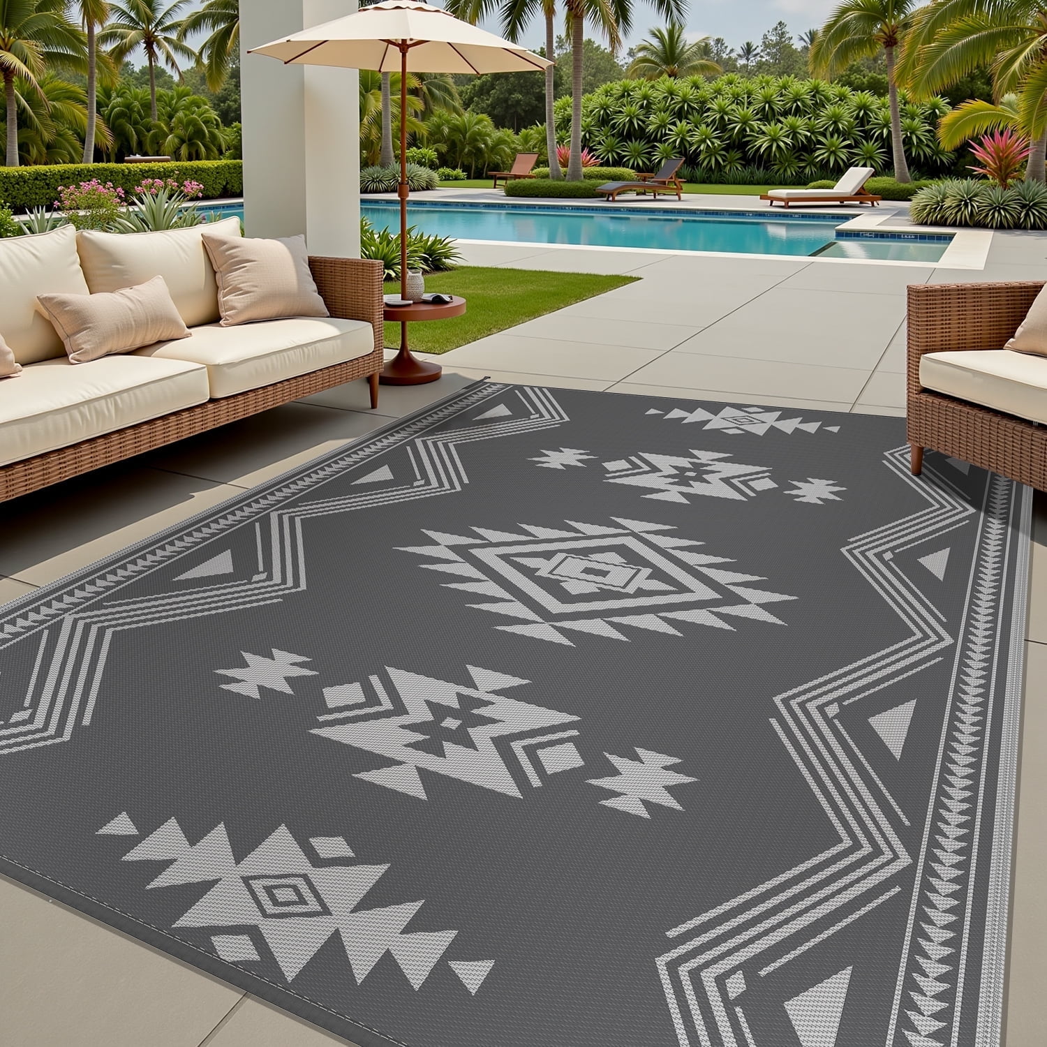 SIXHOME 9x12 Feet Waterproof Outdoor Rug - Reversible Gray Plastic ...