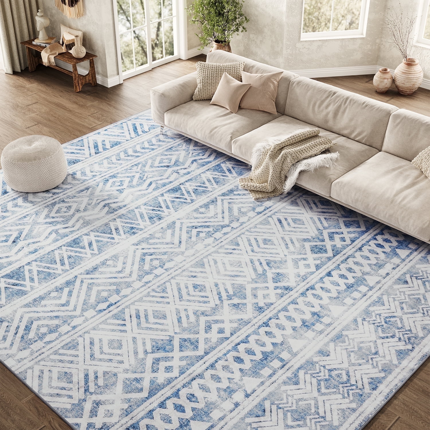 SIXHOME 8'x10' Boho Large Area Rug, Washable, Modern Geometric, Blue ...