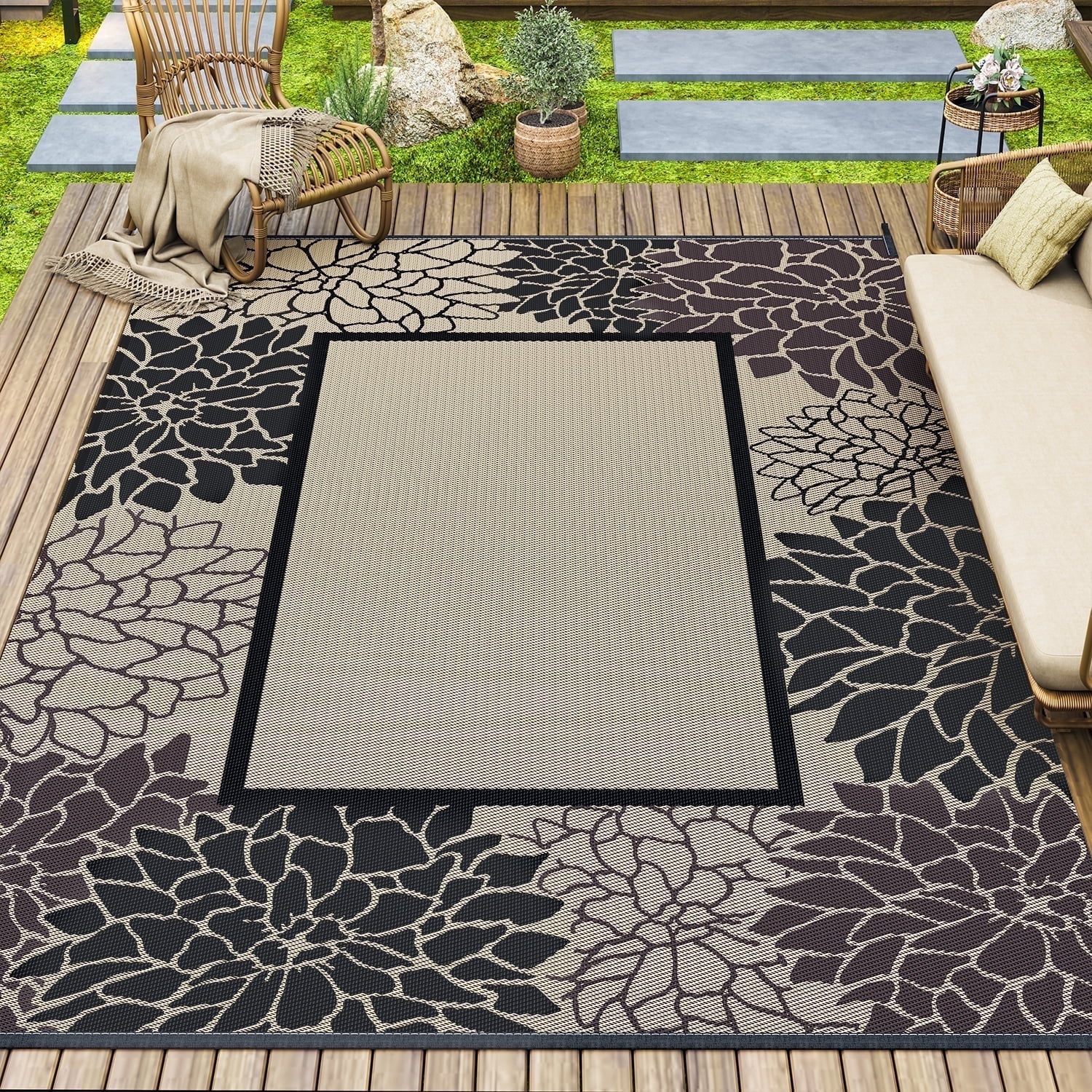 SIXHOME Outdoor Rug 5'x8' Waterproof Reversible Patio Rug Floral Border ...