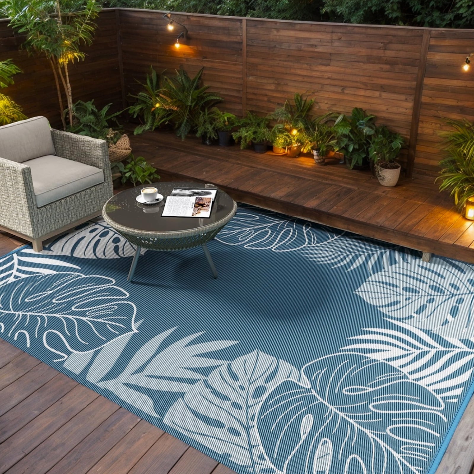 SIXHOME 9'x12' Waterproof Outdoor Rug, Reversible Blue Straw Texture ...