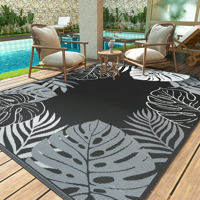 SIXHOME 9x12 Waterproof Rug, Reversible Black & White Tropical Palm ...