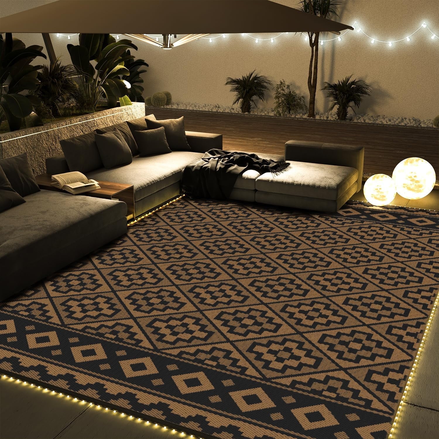 SIXHOME Outdoor Rug with LED Strip Light 9'x12' Waterproof Reversible ...
