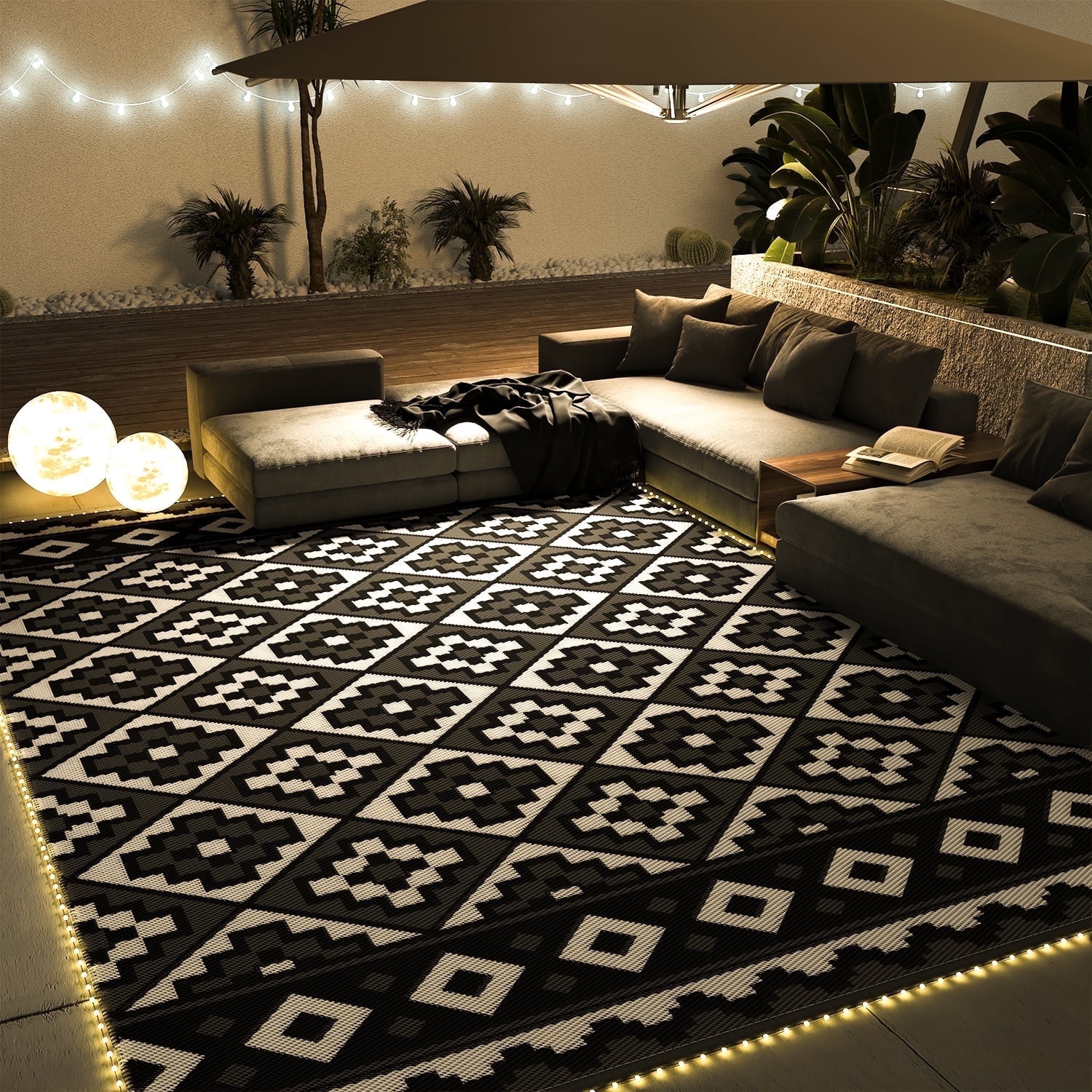 SIXHOME Outdoor Rug with LED Strip Light 9'x12' Waterproof Reversible ...
