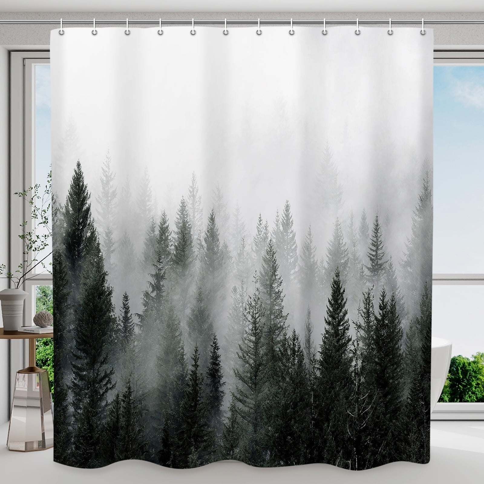 SIXLON Treeline Shower Curtain,Polyester Shower Curtain Set with 12 ...
