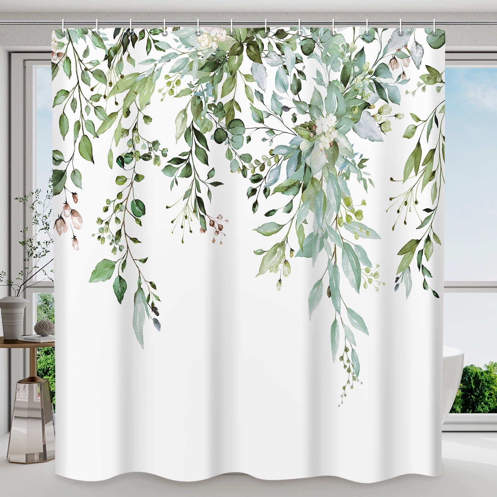"SIXLON Sage Green Shower Curtain with Hooks, Weighted Hem, Polyester ...