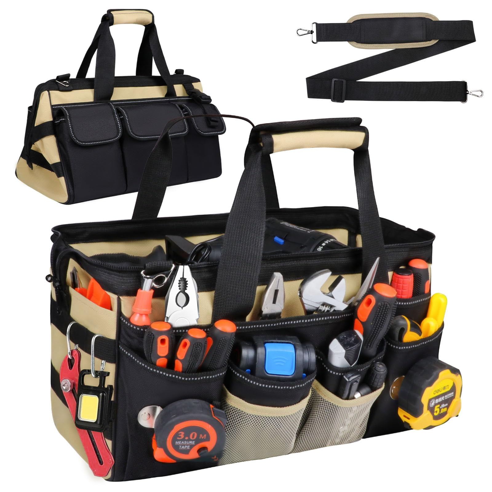 SIYNPAV 15 Inch Heavy Duty Tool Tote Bag 24 Pockets, Wide Open Mouth ...