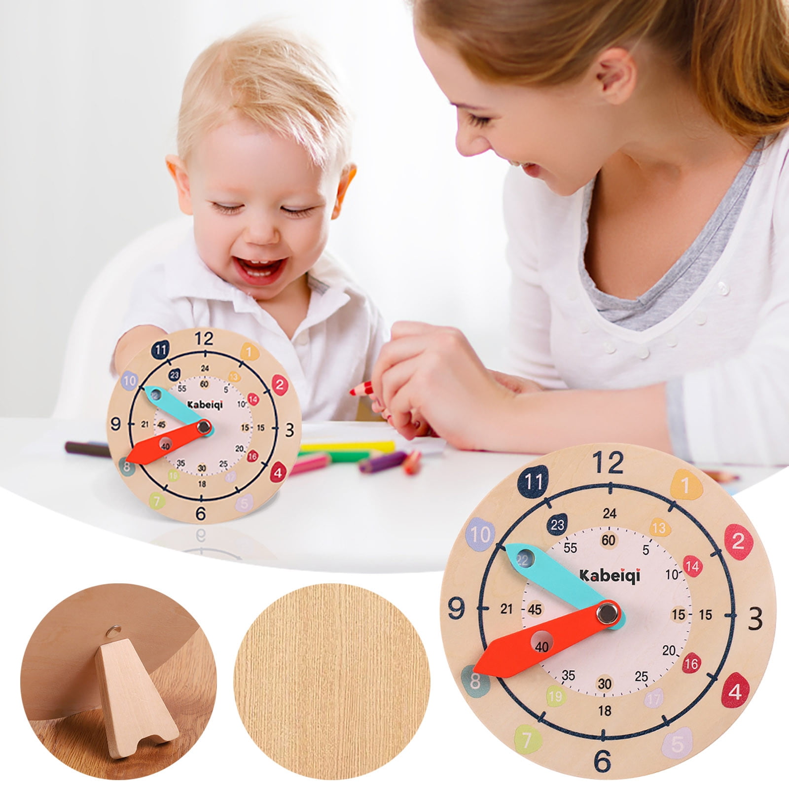 SIYTUAU Children Learning Clock Toy Wooden Time Teaching Tool Analog ...