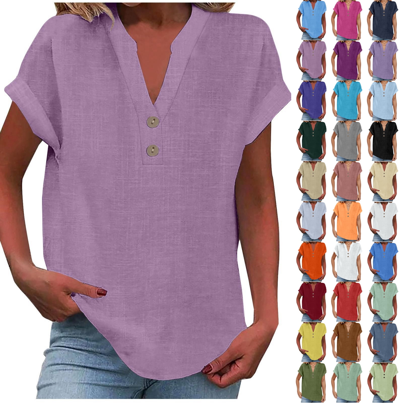 SIYUDAN Women’S Tops Short Sleeve Henley Tops V Neck Dressy Casual ...