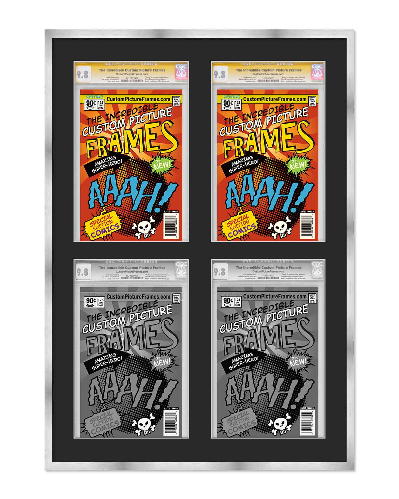 SIlver Comic Book Frame with Black Mat - 4 Openingss to Display 4 CGC, CBCS or PGX Graded Comic ...