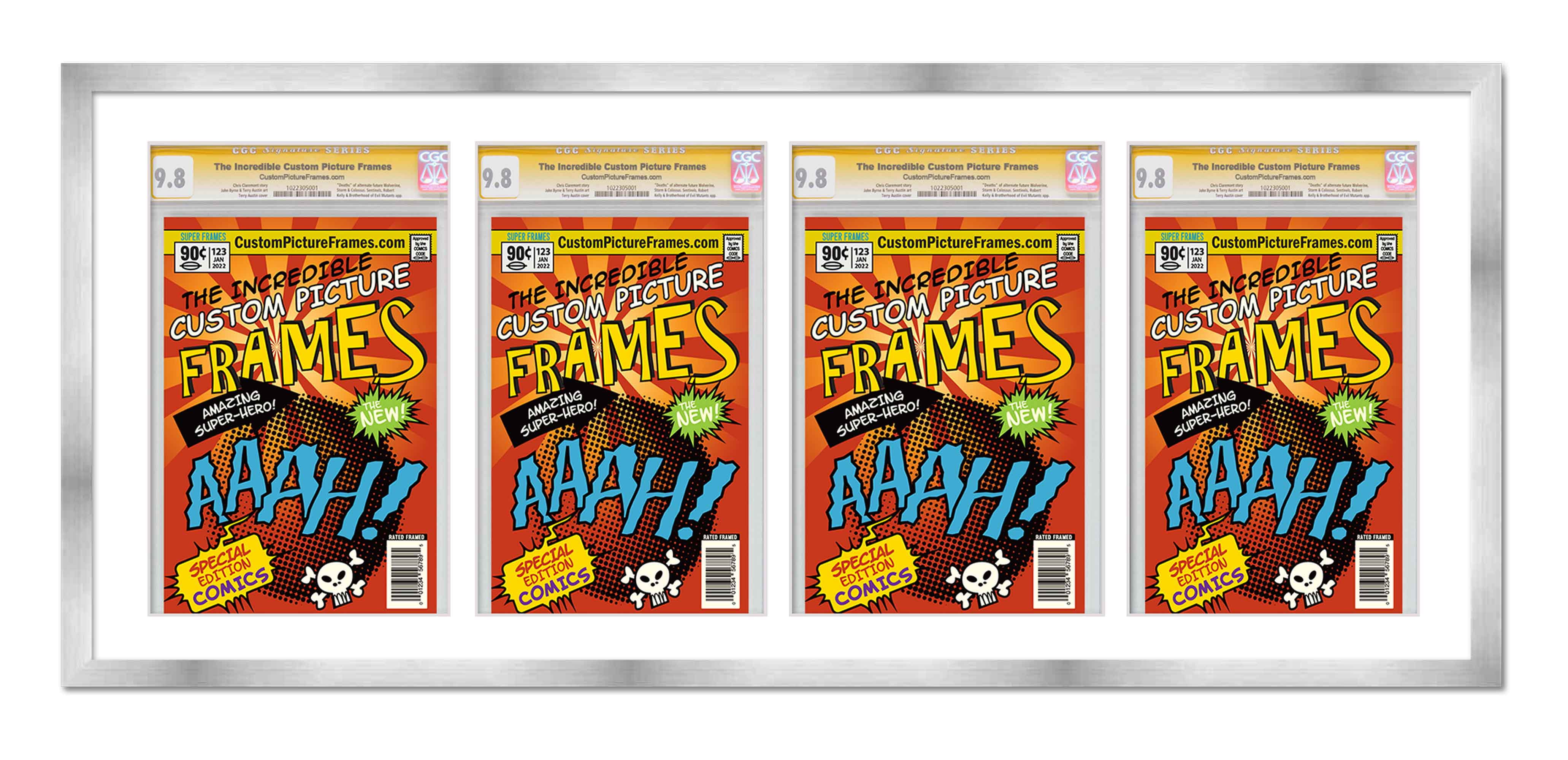 SIlver Comic Book Frame with White Mat - 4 Openings to Display 4 CGC, CBCS or PGX Graded Comic ...