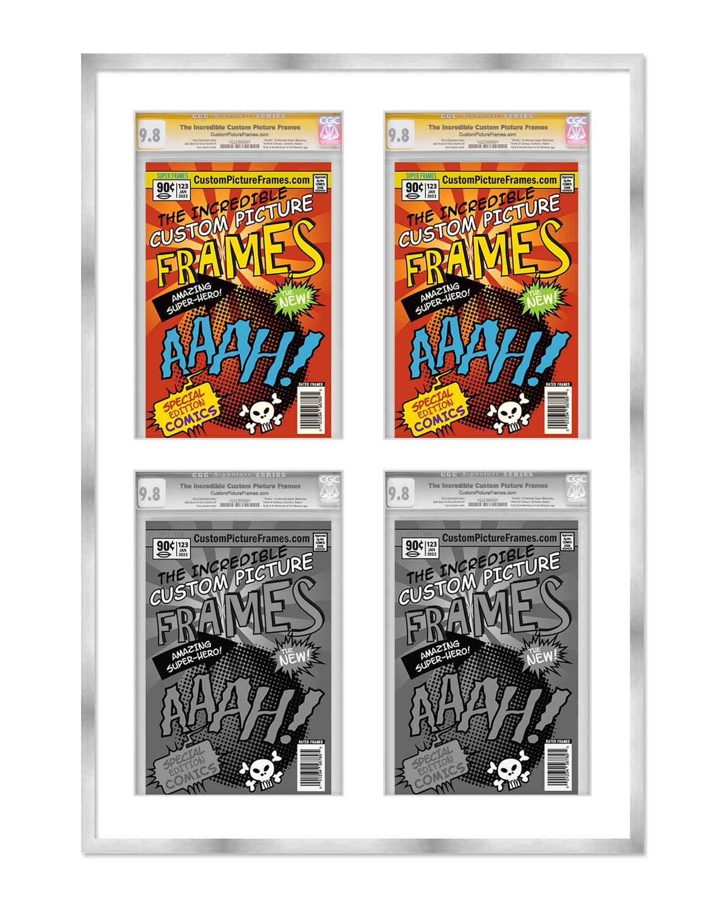 SIlver Comic Book Frame with White Mat - 4 Openingss to Display 4 CGC, CBCS or PGX Graded Comic ...