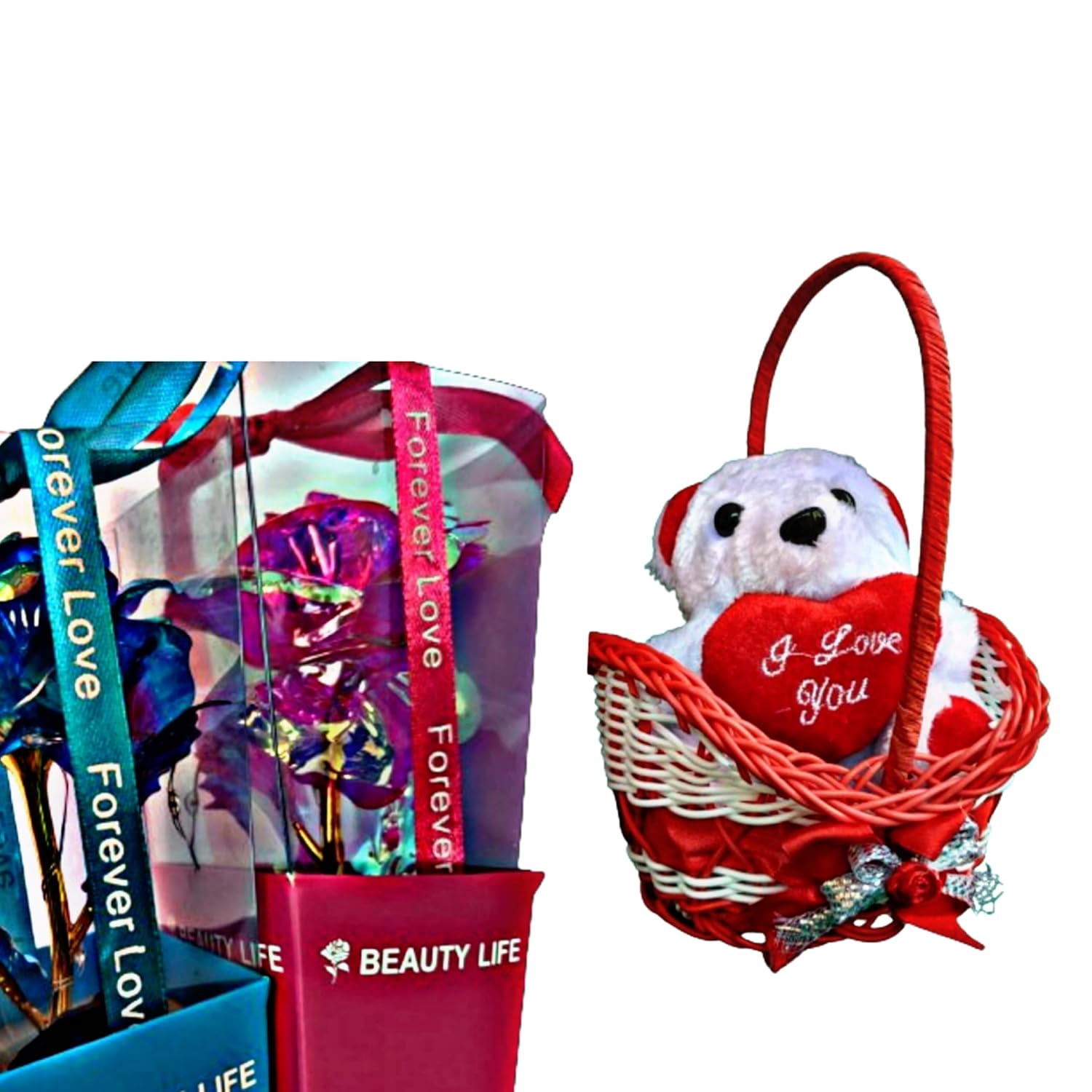 SJ EnterprisesGold Foil Plated Galaxy Rose with Light and Basket Teddy ...
