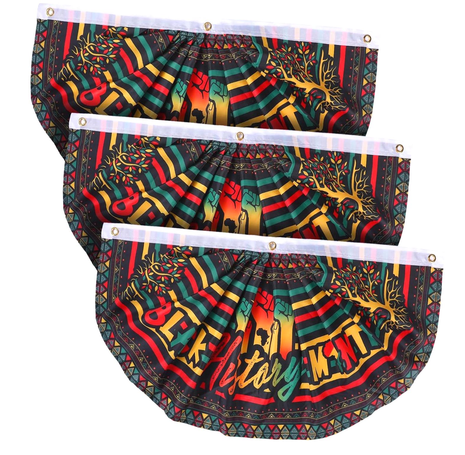 SJJ 3-Piece History Month Pleated Fan Flag Set 1.5 x 3 ft African Kente ...