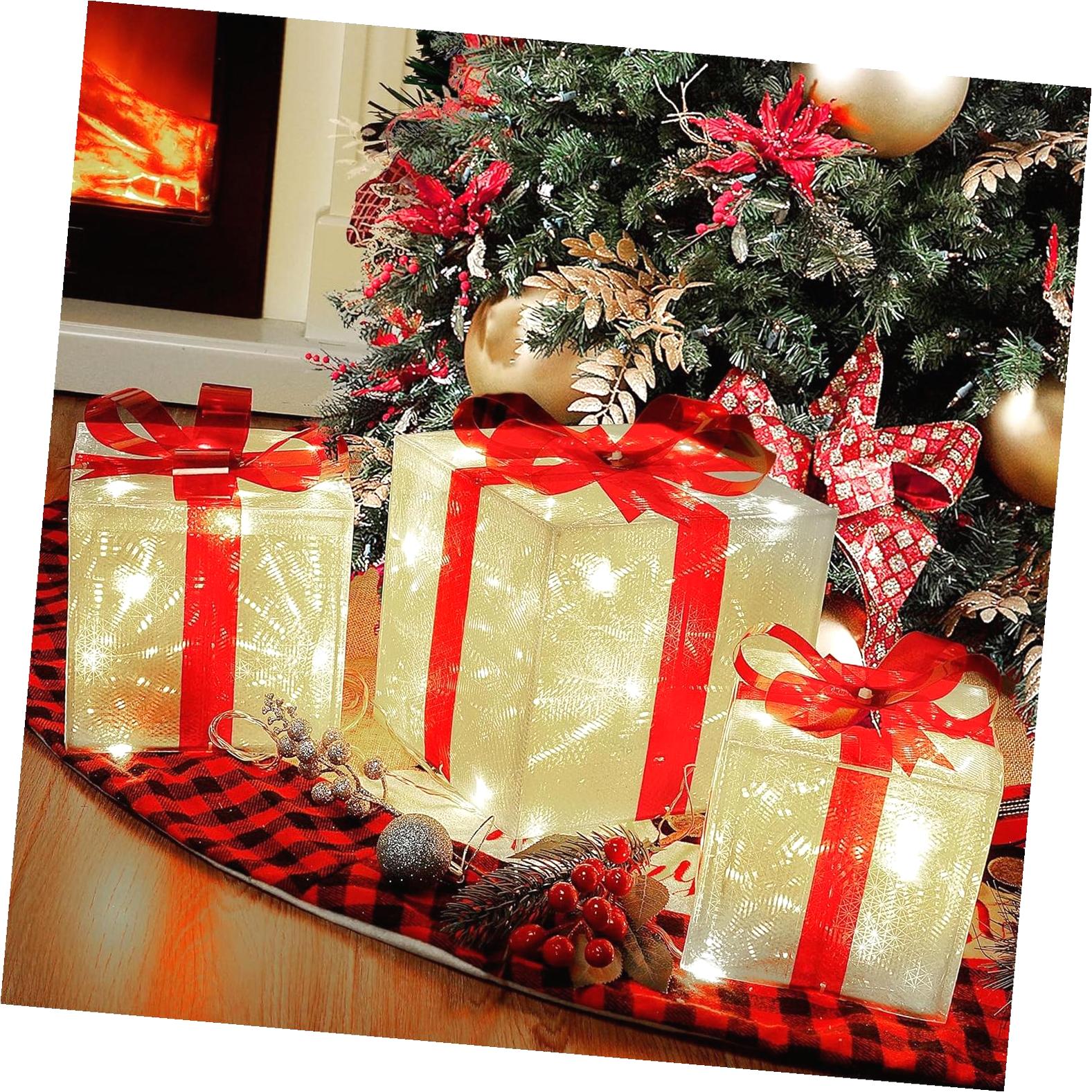 SJJ Christmas Box Decorations, Set of 3 Illuminated Boxes with Red Bows ...