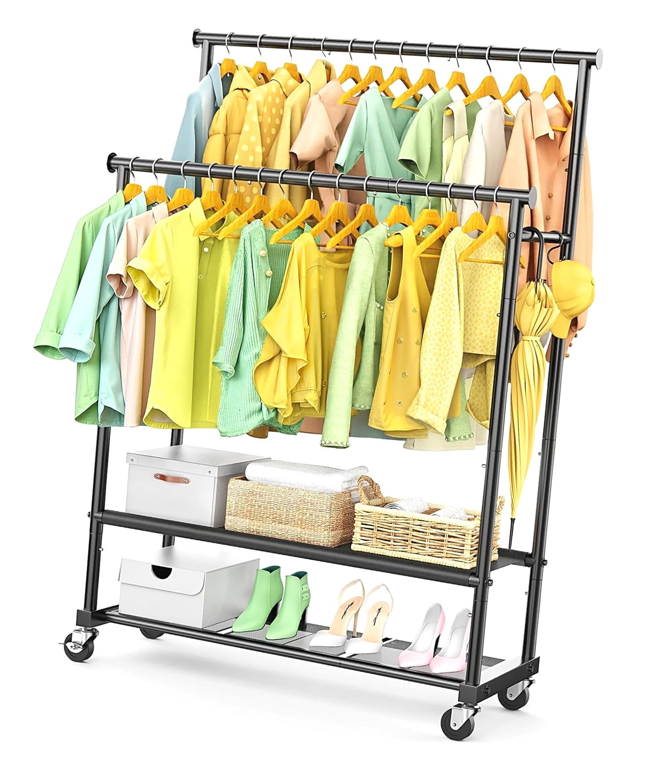 SJJ Double Rod Clothing Rack with Top and Bottom Shelves, Garment Racks ...