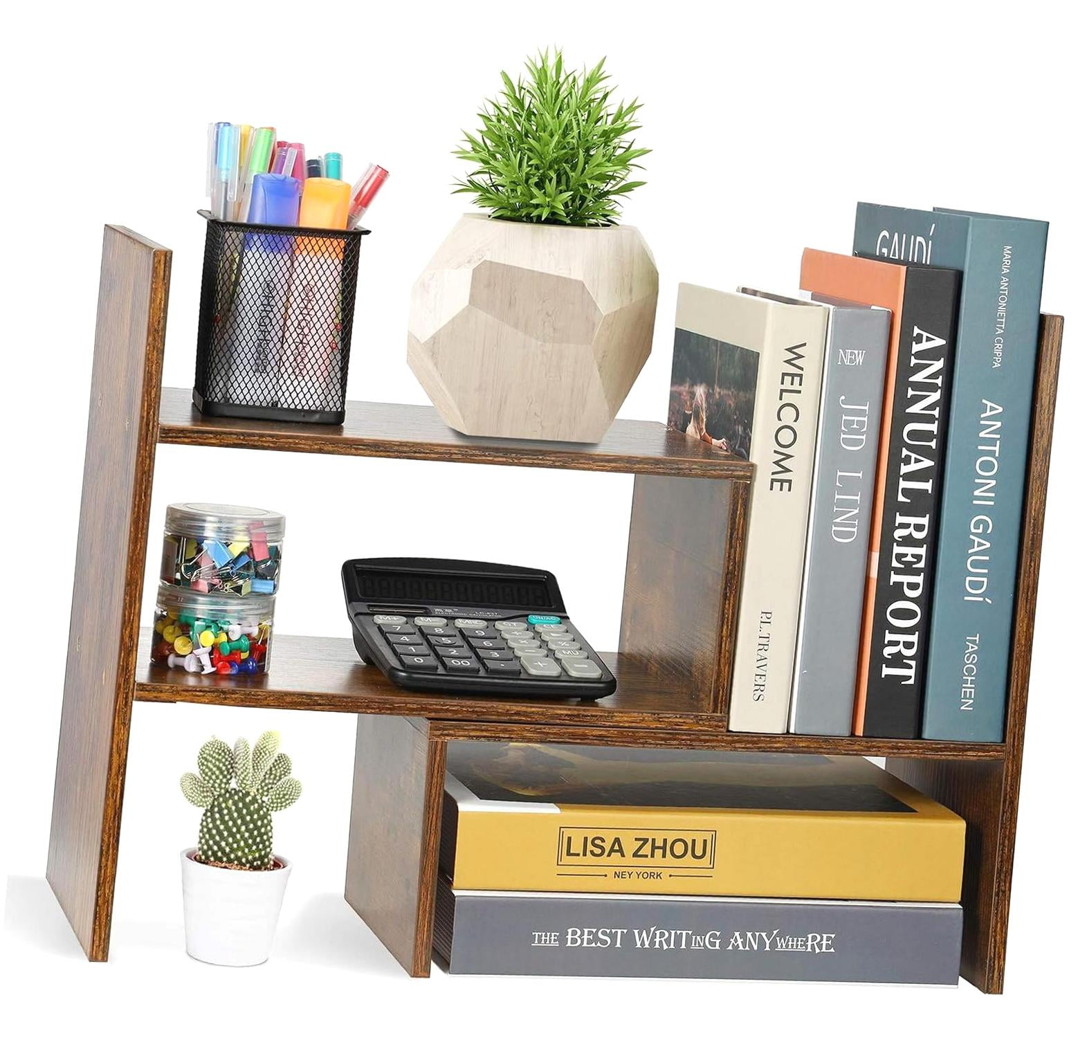 SJJ Expandable Wood Desktop Bookshelf Desk Organizer Office Storage ...