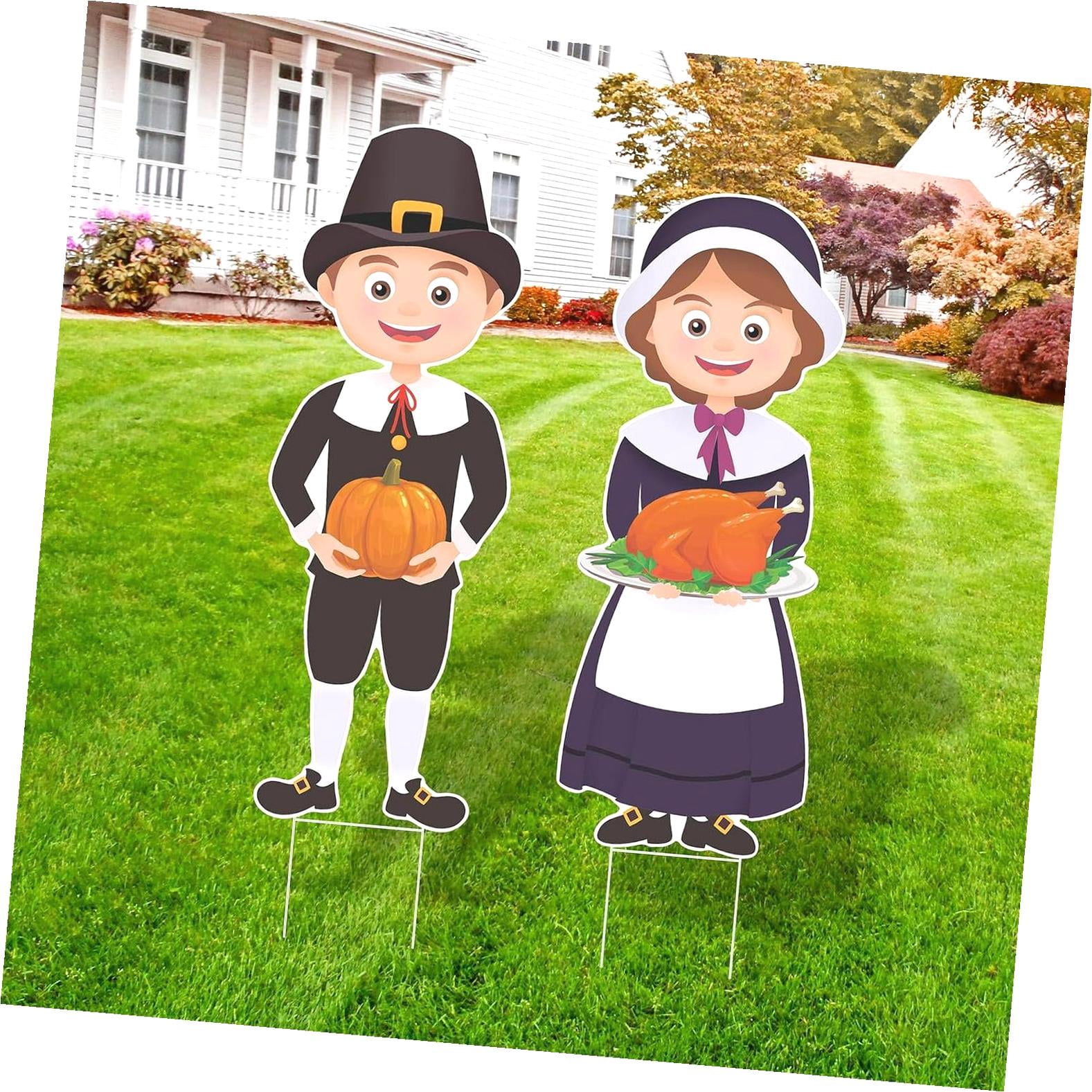 SJJ Large Thanksgiving Yard Signs 2pc with Stakes Pilgrim Boy and Girl ...