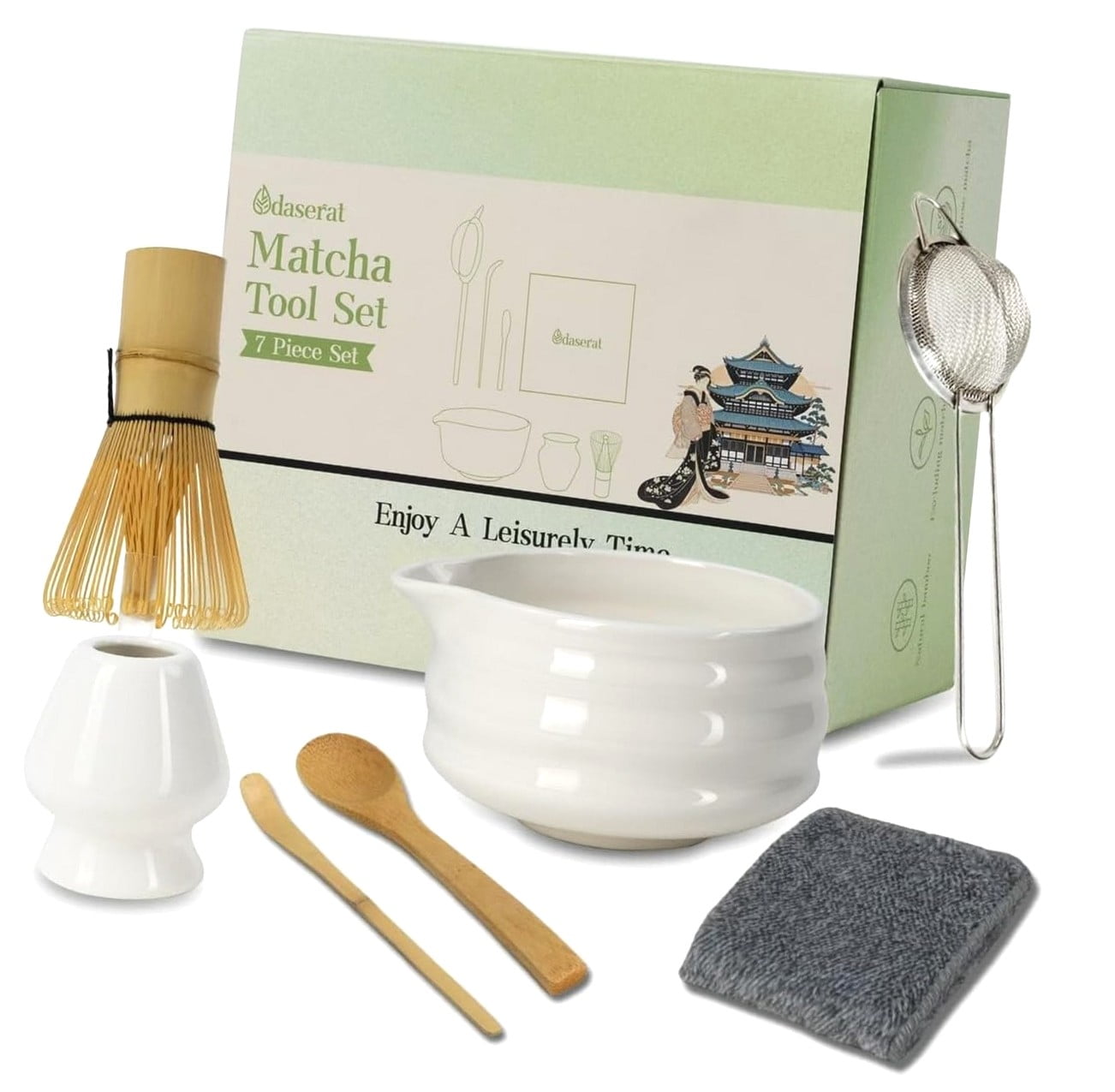 SJJ Matcha Whisk Set, 7 Pcs Matcha Kit, Ceramic Matcha Set, Whisk and Bowl, Sifter, Cup Holder ...