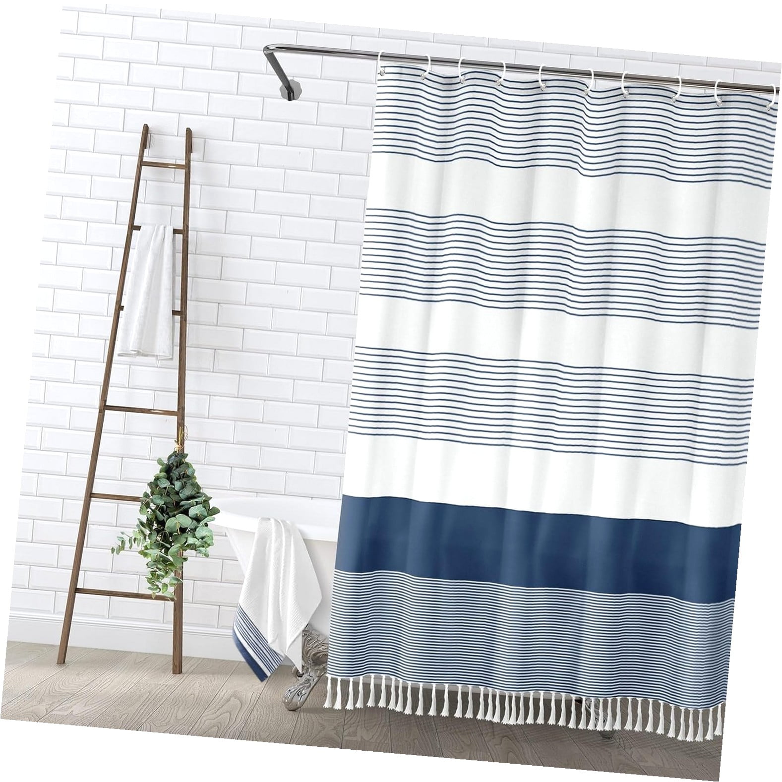 SJJ Navy Blue Shower Curtain for Bathroom with Stripe Tassel Design, 72 ...