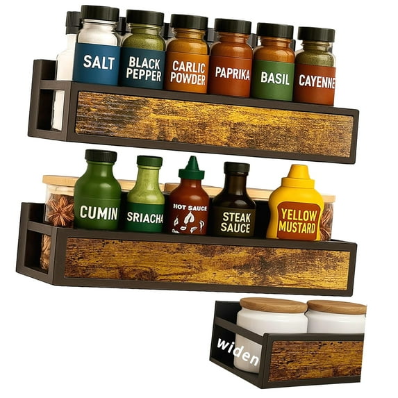 SJJ Wall Mount Spice Rack Large Extra ,2 Pack Ironwood Spice Organizer ...