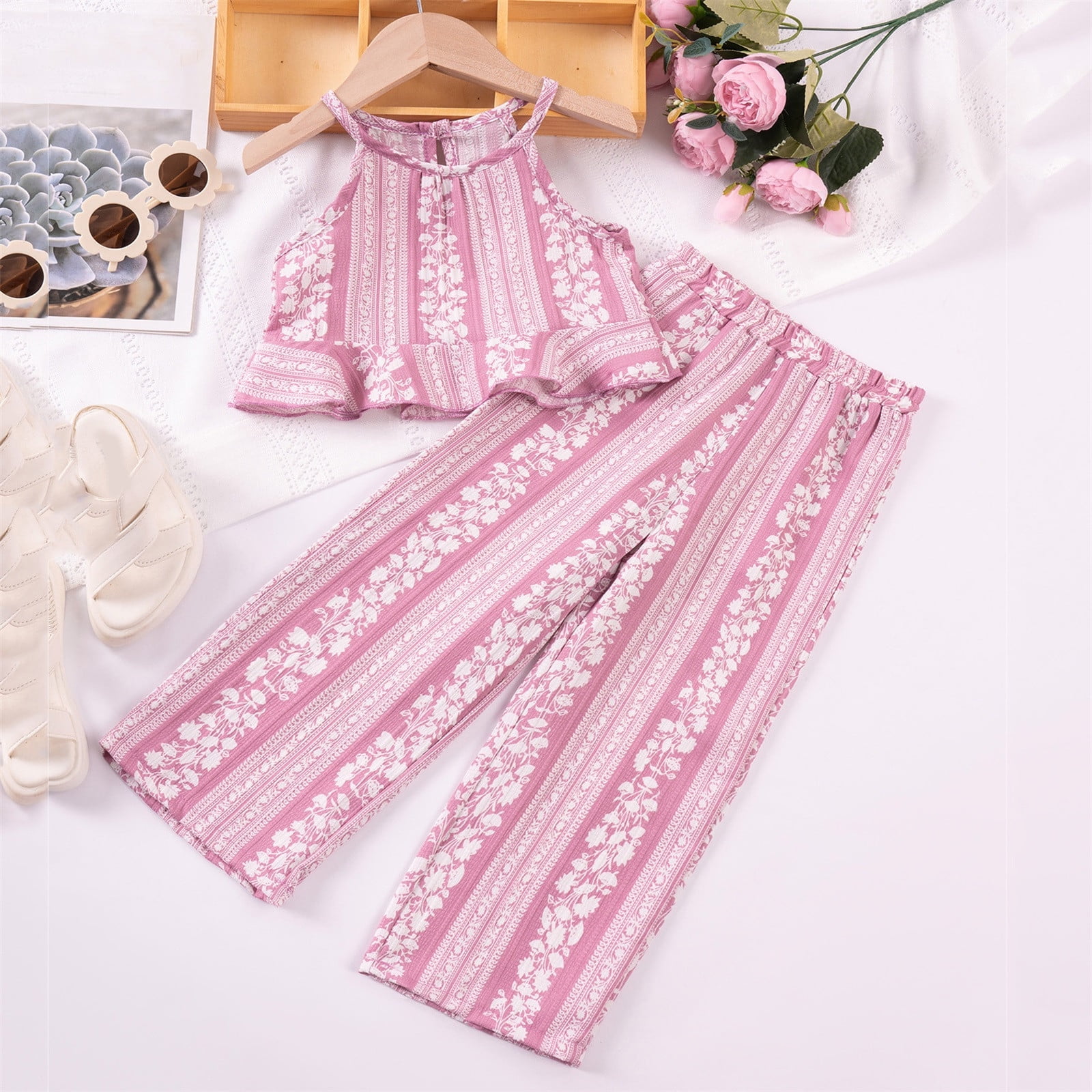 SJLDQY Baby Girl Outfits Summer Sleeveless Prints Tops And Pants 2Pcs ...