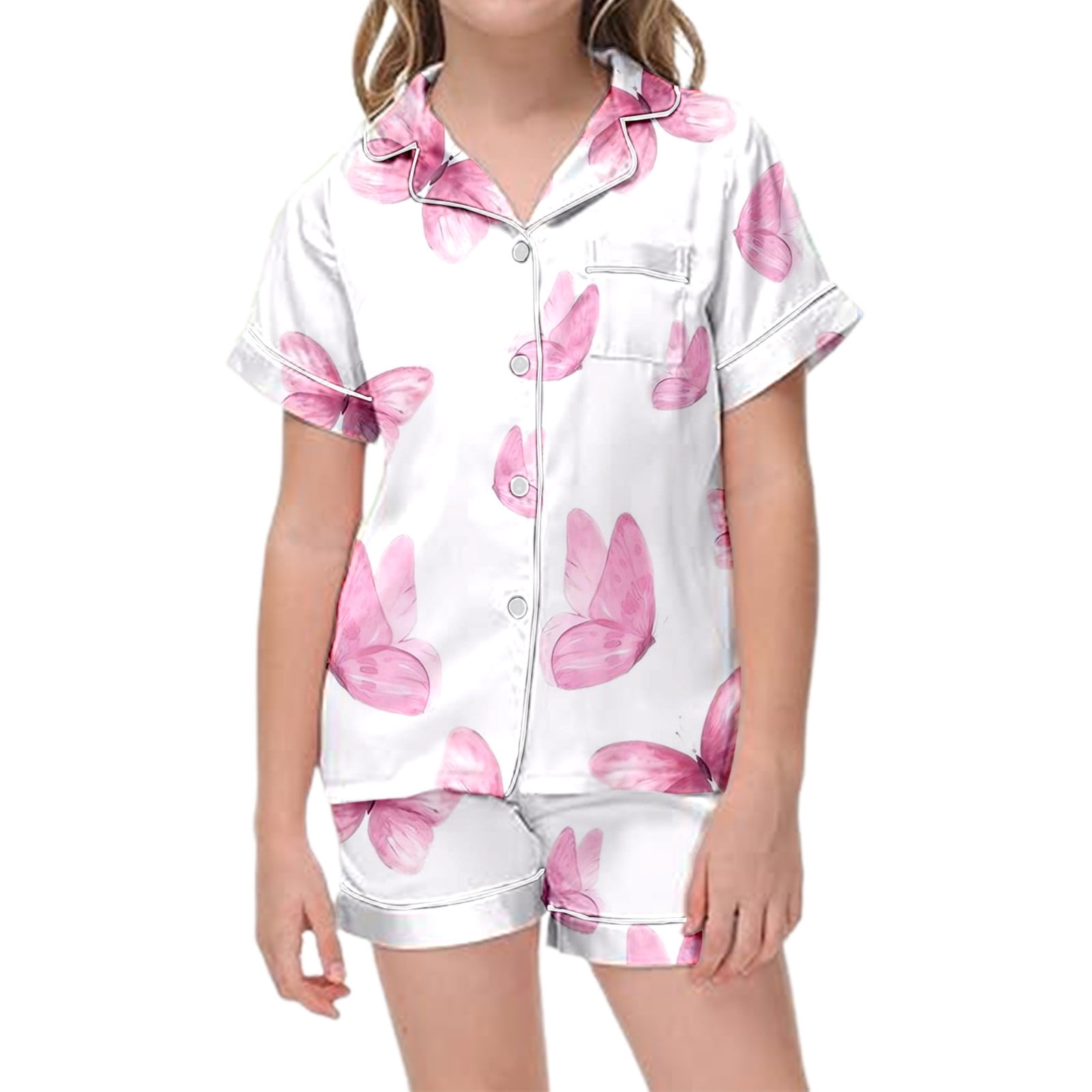 SJLDQY Girls Outfits 2 Piece for Flower Printed Pajamas Silk Lapel ...